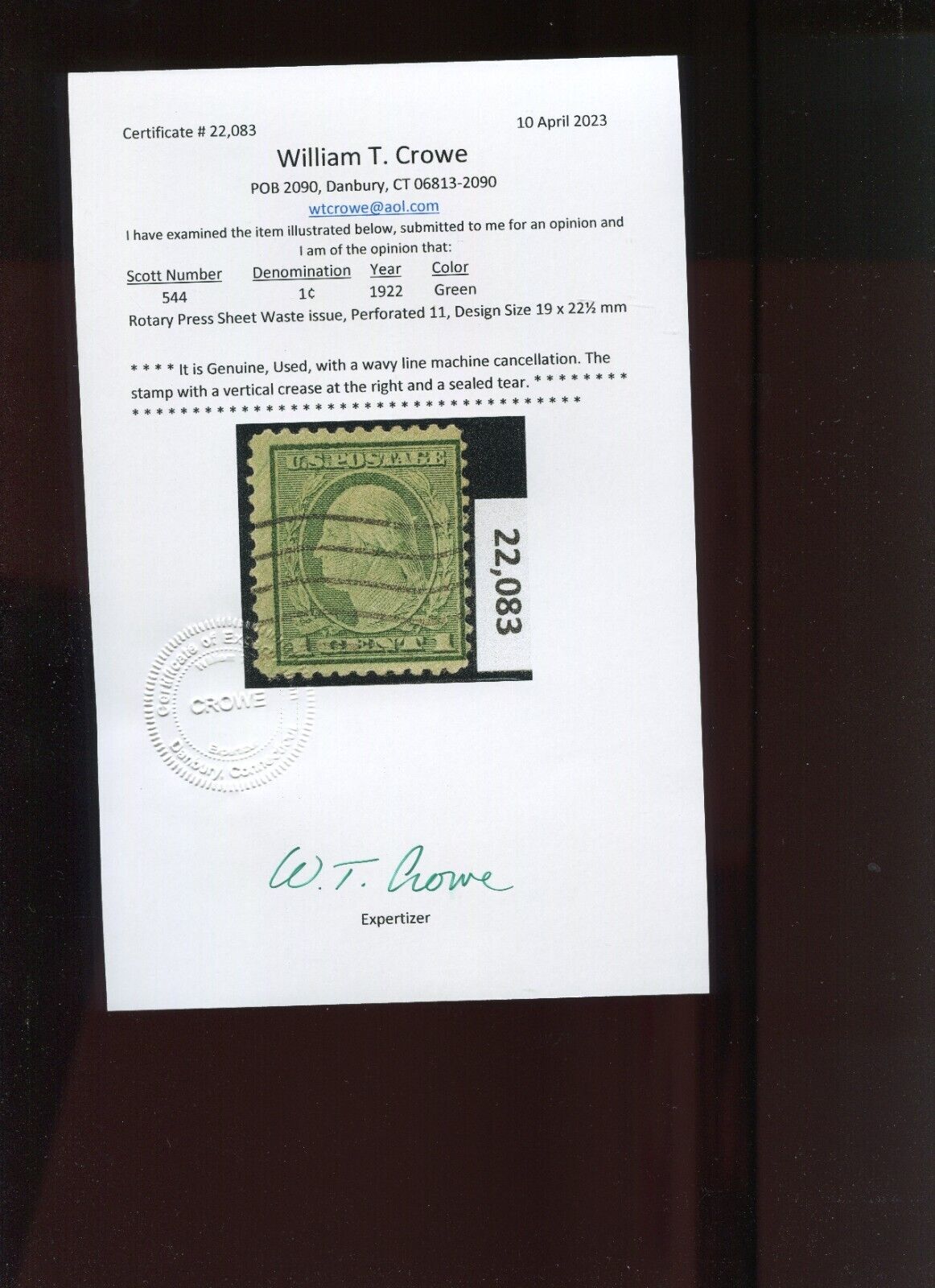 544 Washington Coil Waste Used Stamp with Crowe Cert (BZ 1289) | United ...