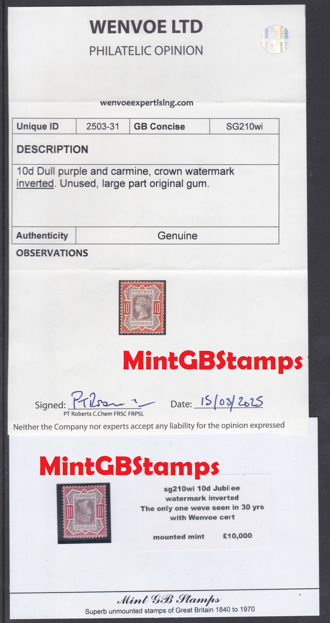 Sg 210wi 10d Dull Purple & Carmine Watermark Inverted Wenvoe cert M/M ...