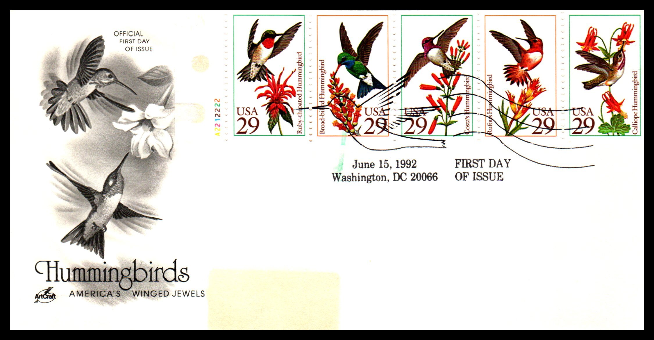 US 2464a Hummingbirds Booklet Pane Artcraft Label FDC | United States ...