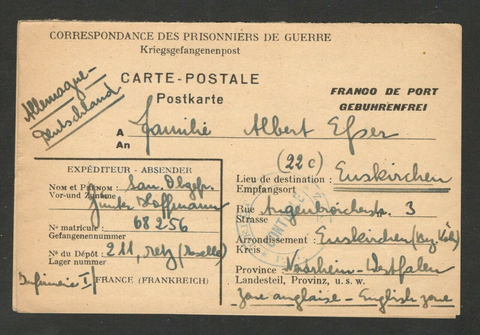 France - Germany - POW Censorship Postcard - 1948. | Europe - France ...