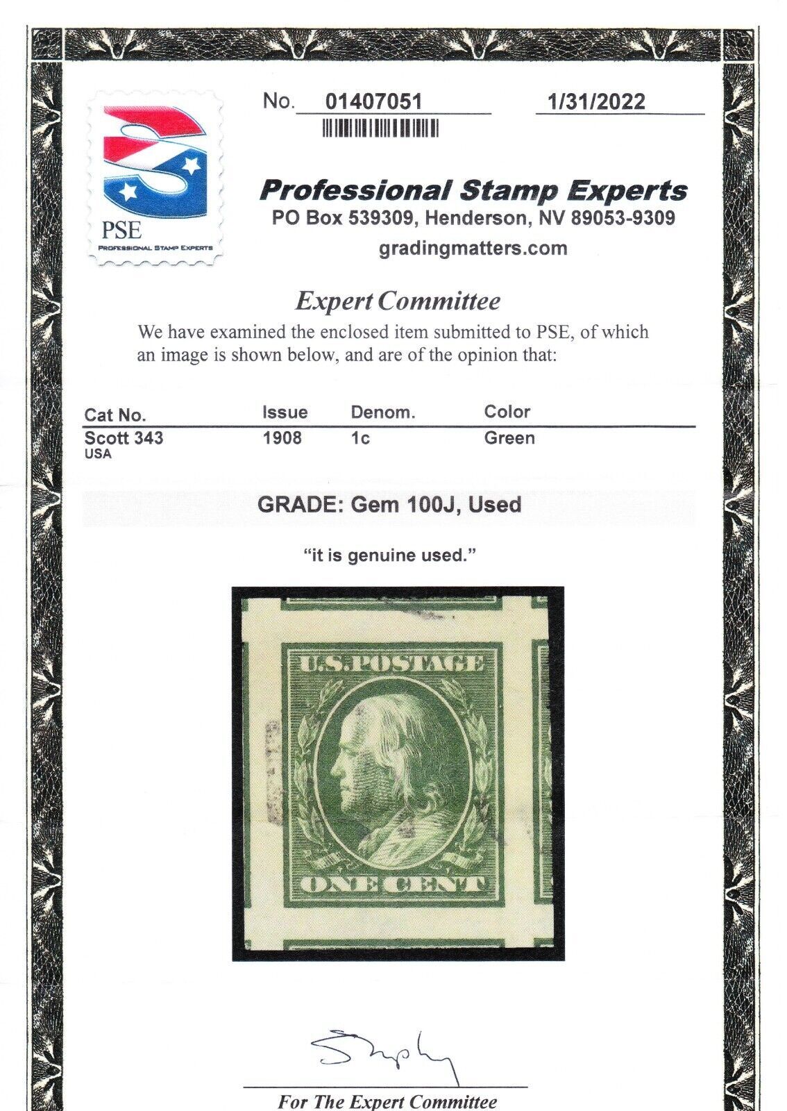 MOstamps - US #343 Used Grade GEM 100J with PSE Cert - Lot # MO-4038 ...