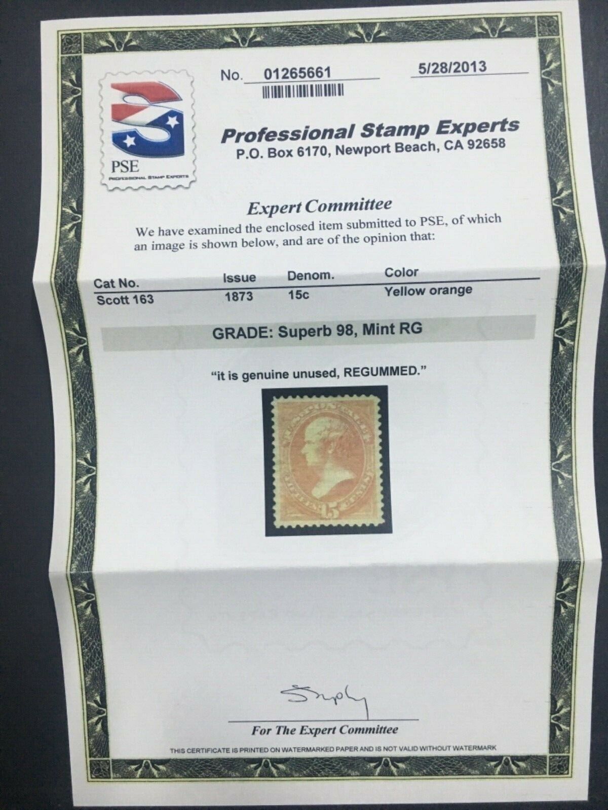 US Stamps #163 Unused PSE Graded Cert Sup-98 LOT #87865 | United States ...