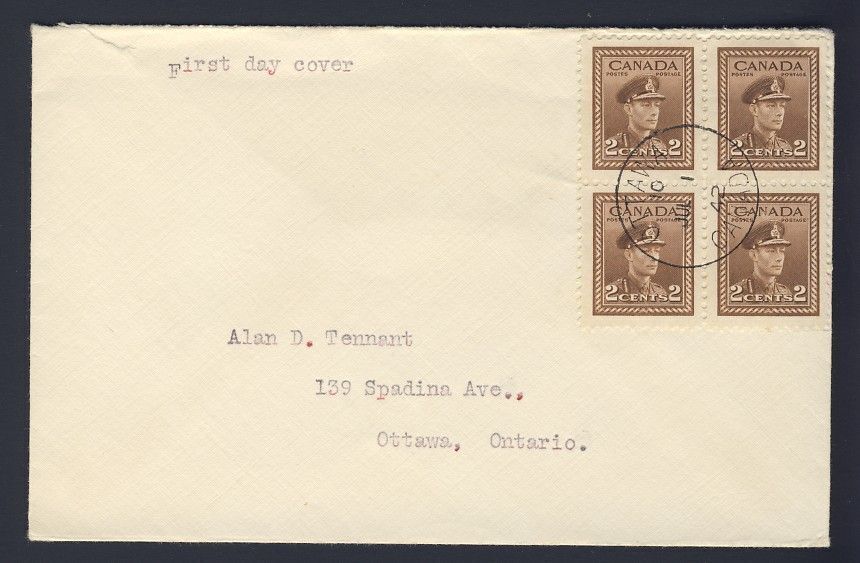 1942 WWII block - #250 two cent block FDC FIRST DAY COVER CANADA POSTAL ...
