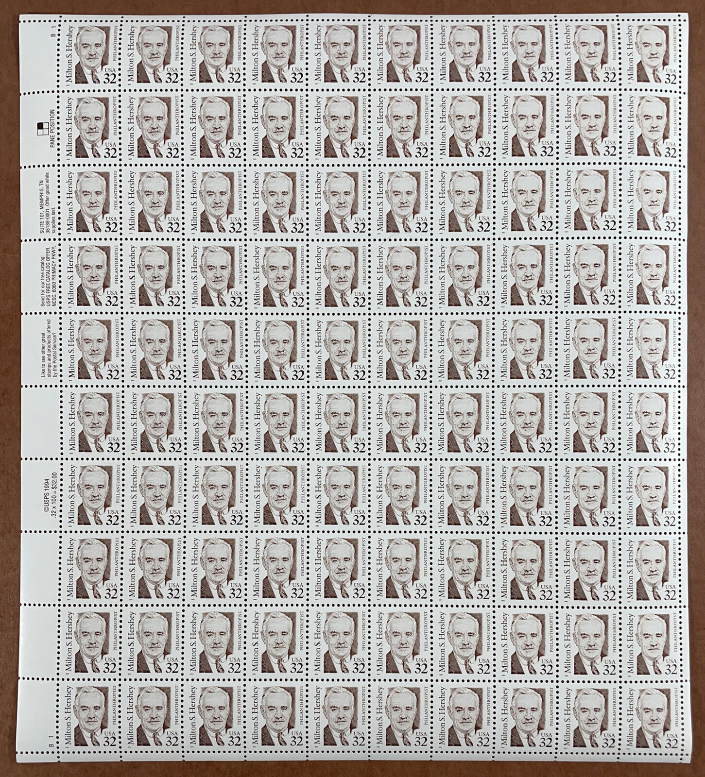 Scott 2933 MILTON S. HERSHEY Sheet of 100 US 32¢ Stamps MNH 1995 ...