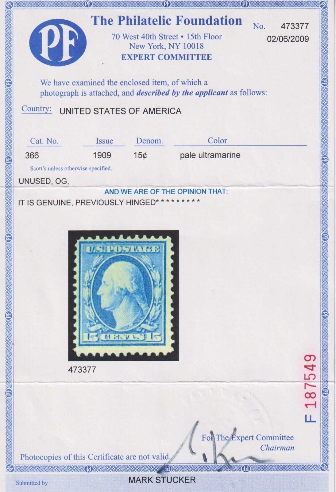 366 VF with PF cert OG mint lightly hinged nice color ! see pic ...