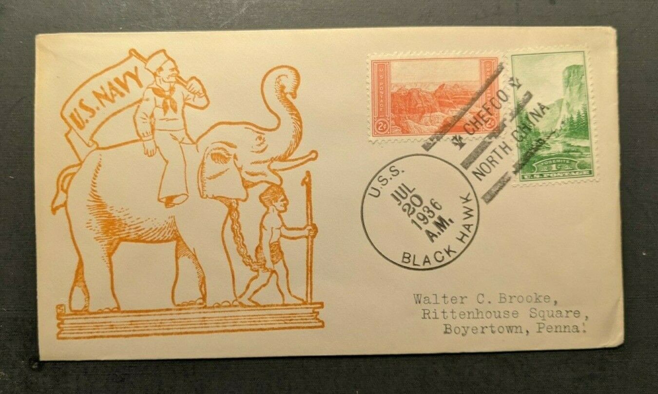 1936 USS Black Hawk Navy Cover to Boyertown PA Chefoo North China ...