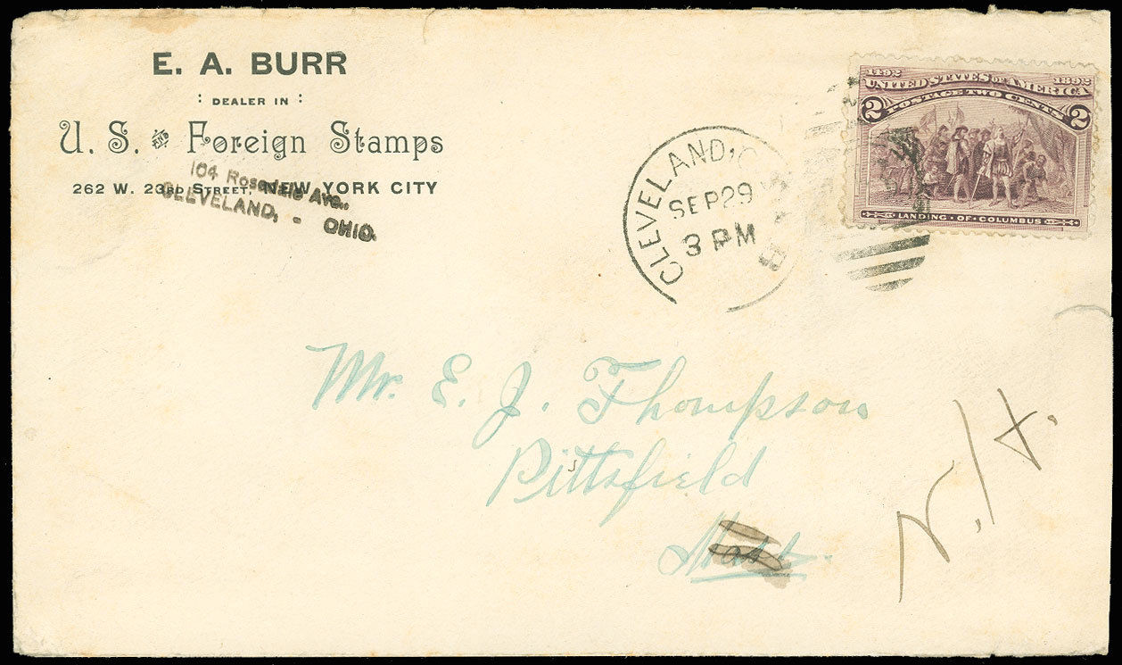 1893 CLEVELAND Stamp Dealer E. A. BURR C/C, FORWARDED, MA - NH, SC #231 ...