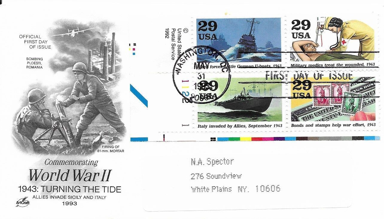 1993 FDC, #2765, 29c World War II: 1943, Art Craft, plate block of 4 ...