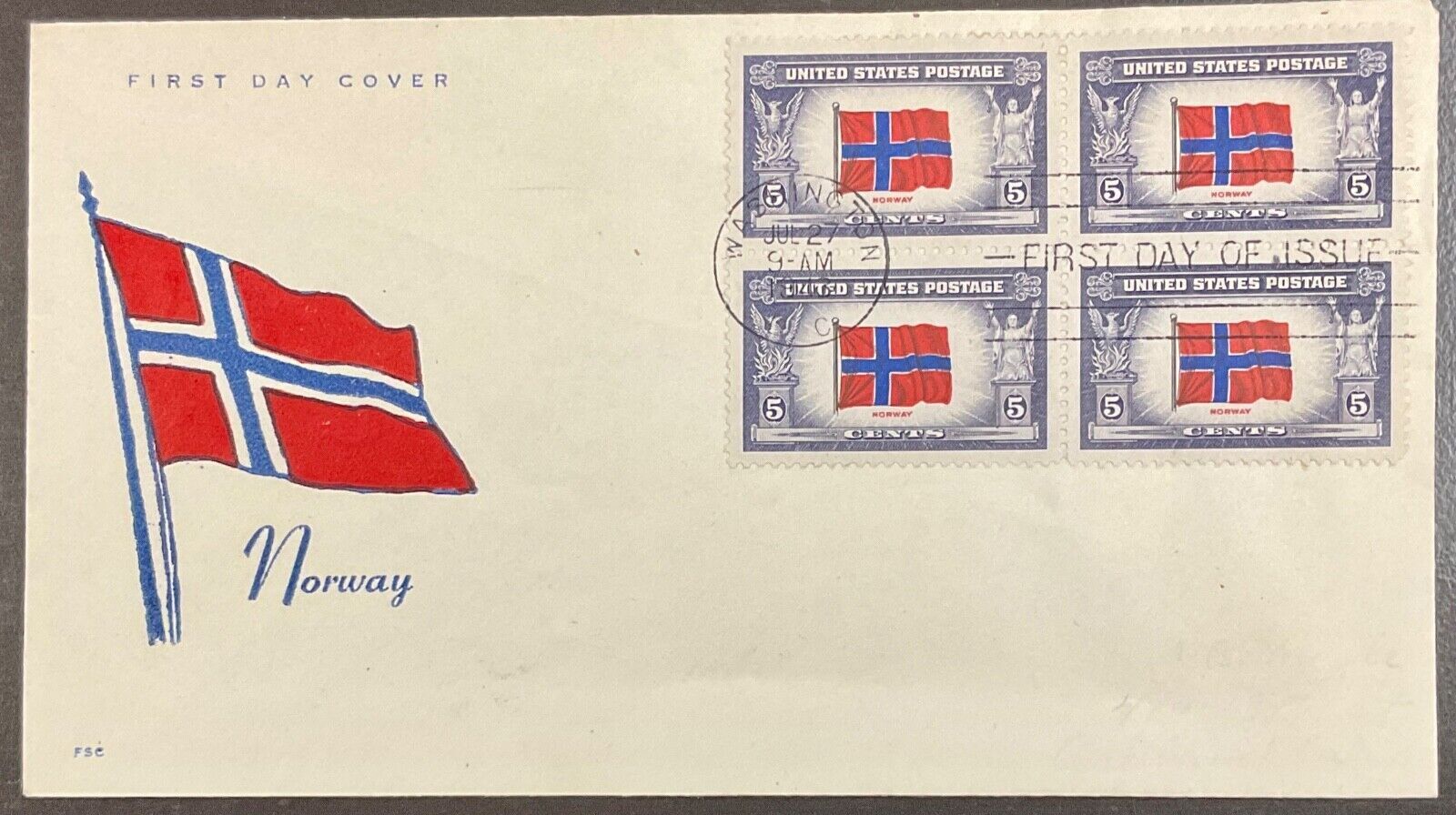 911 Fidelity Stamp Co cachet Norway Overrun Nations FDC 1943 w/Block of ...