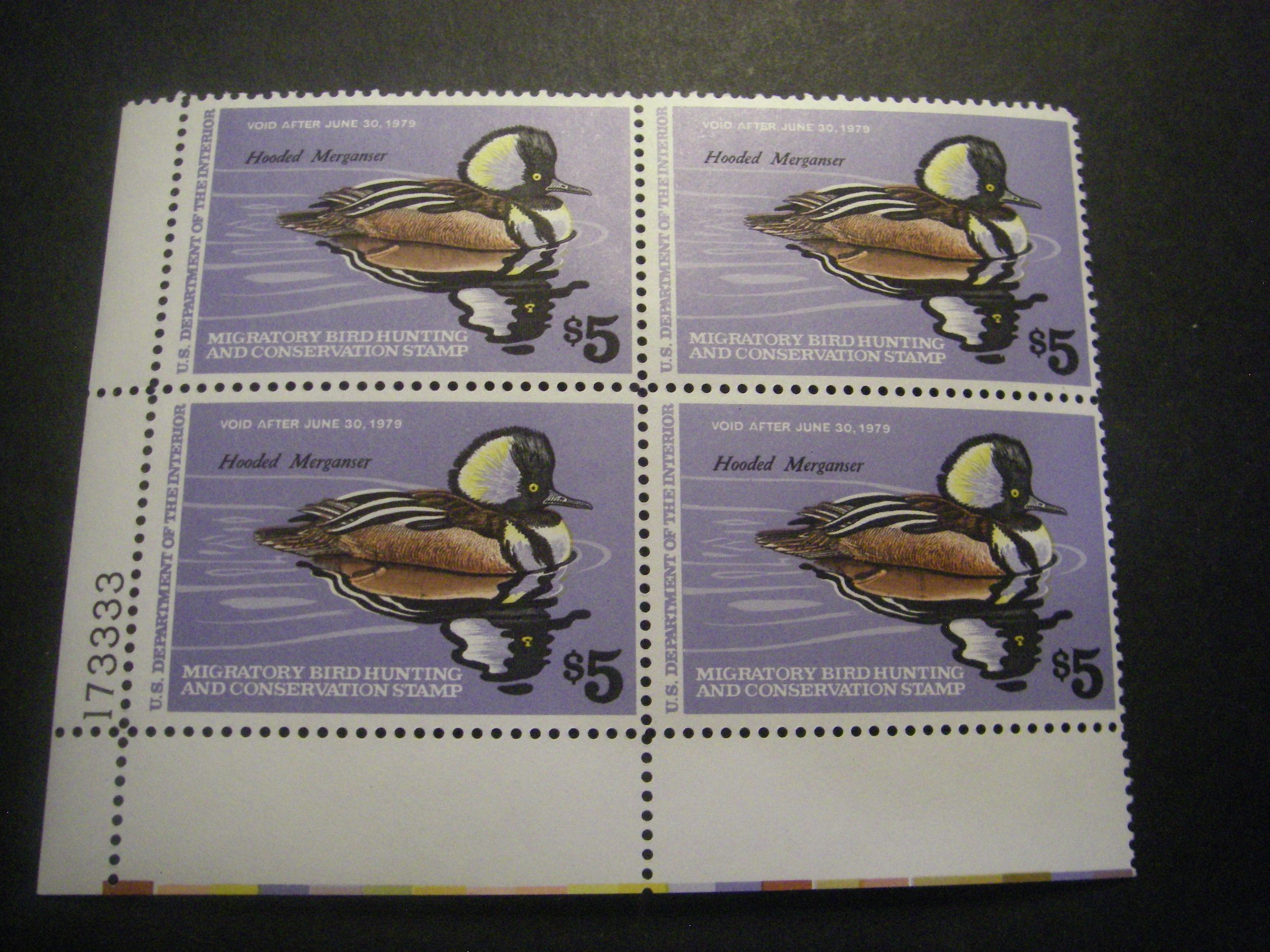 RW45, $5 Hooded Merganser, PB4 #173333 LL, 1978 Duck stamp, MNH Beauty ...
