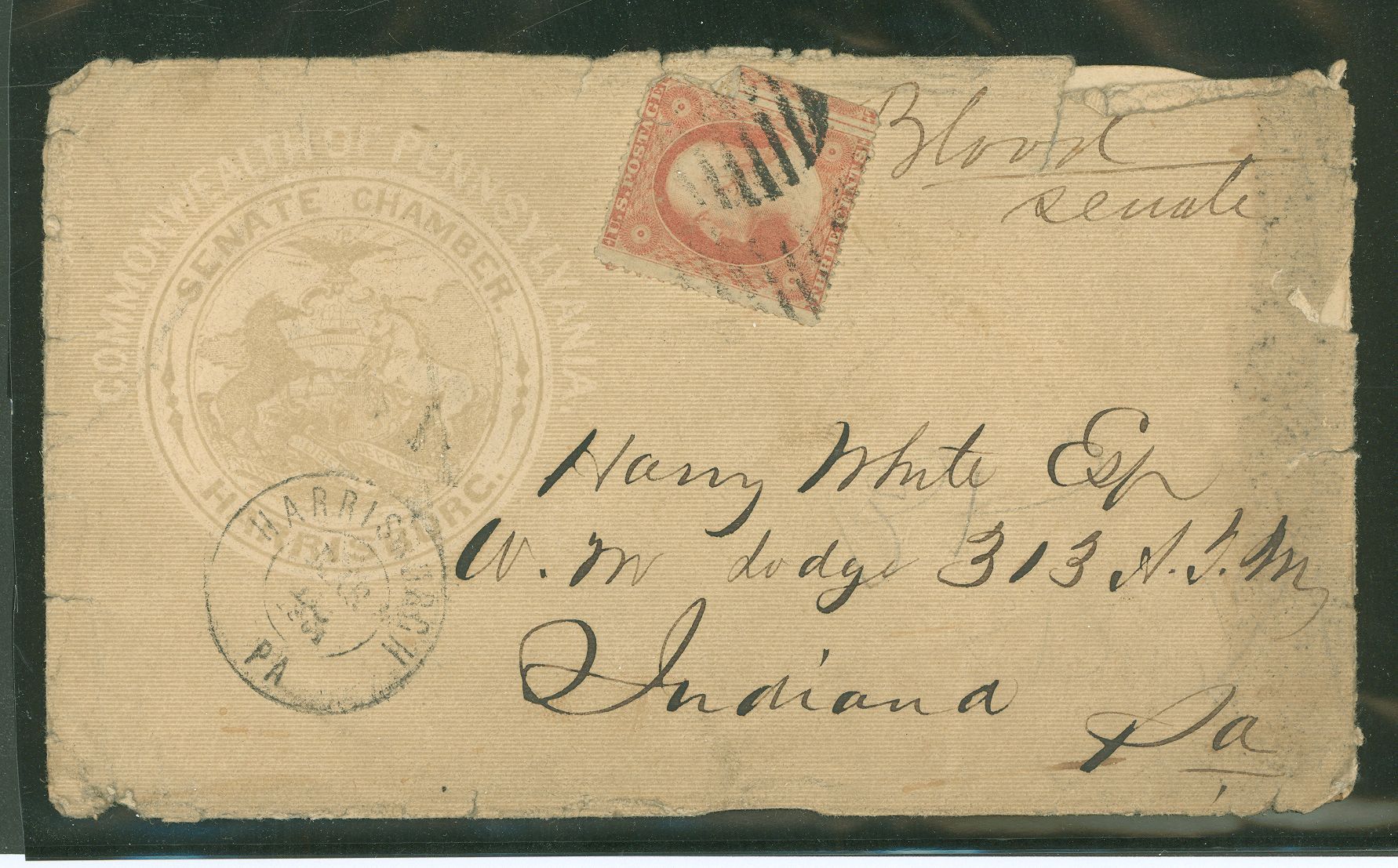 US 65 1861 Mail from PA state senate; Senate chamber seal Harrisburg ...