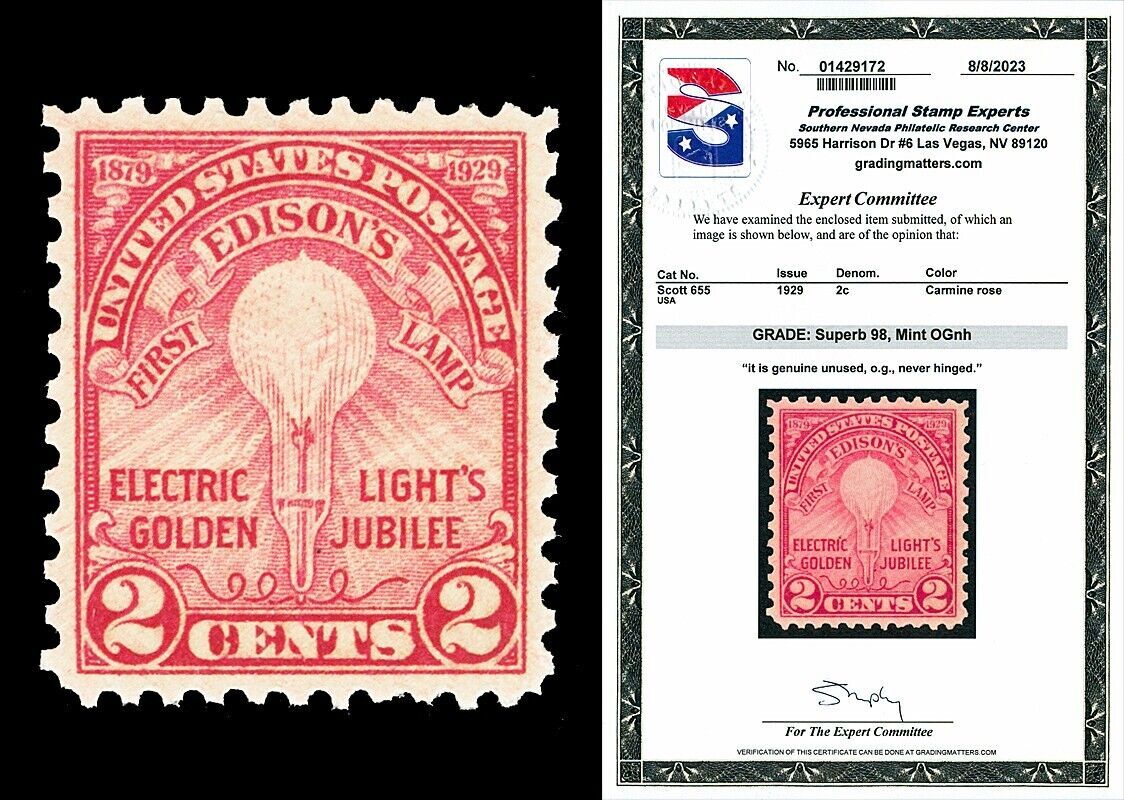 Scott 655 1929 2c Edison Rotary Issue Mint Graded Superb 98 NH with PSE ...