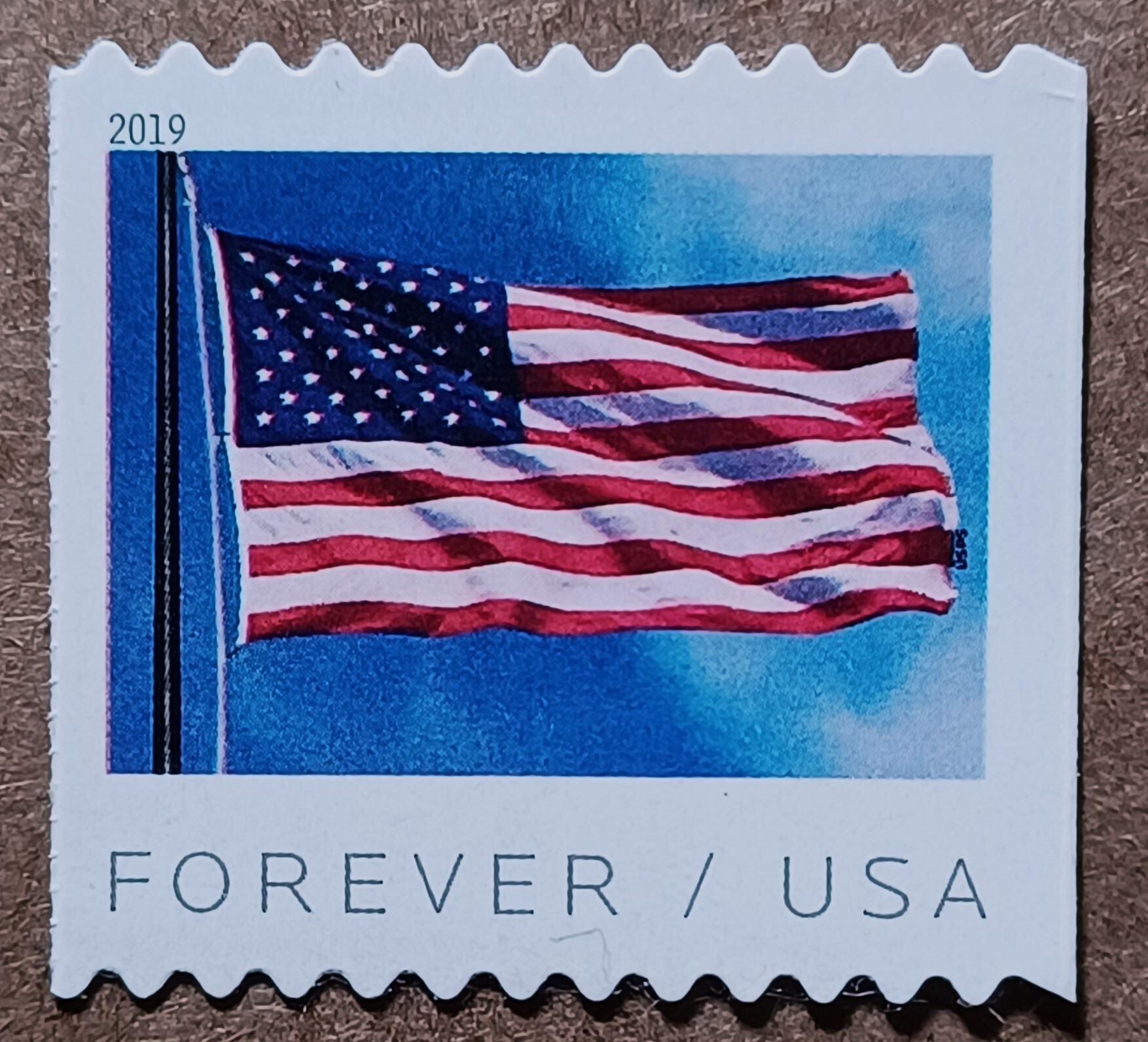 US #5343 (55c) American Flag coil MNH micro-USPS at end of 6th red ...