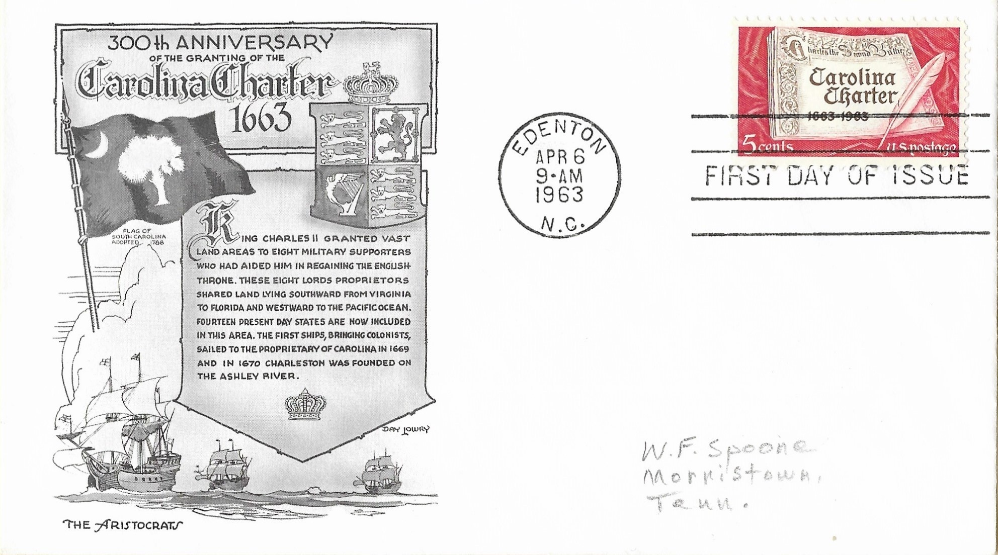 1963 FDC, #1230, 5c Carolina Charter, Aristocrats | United States ...