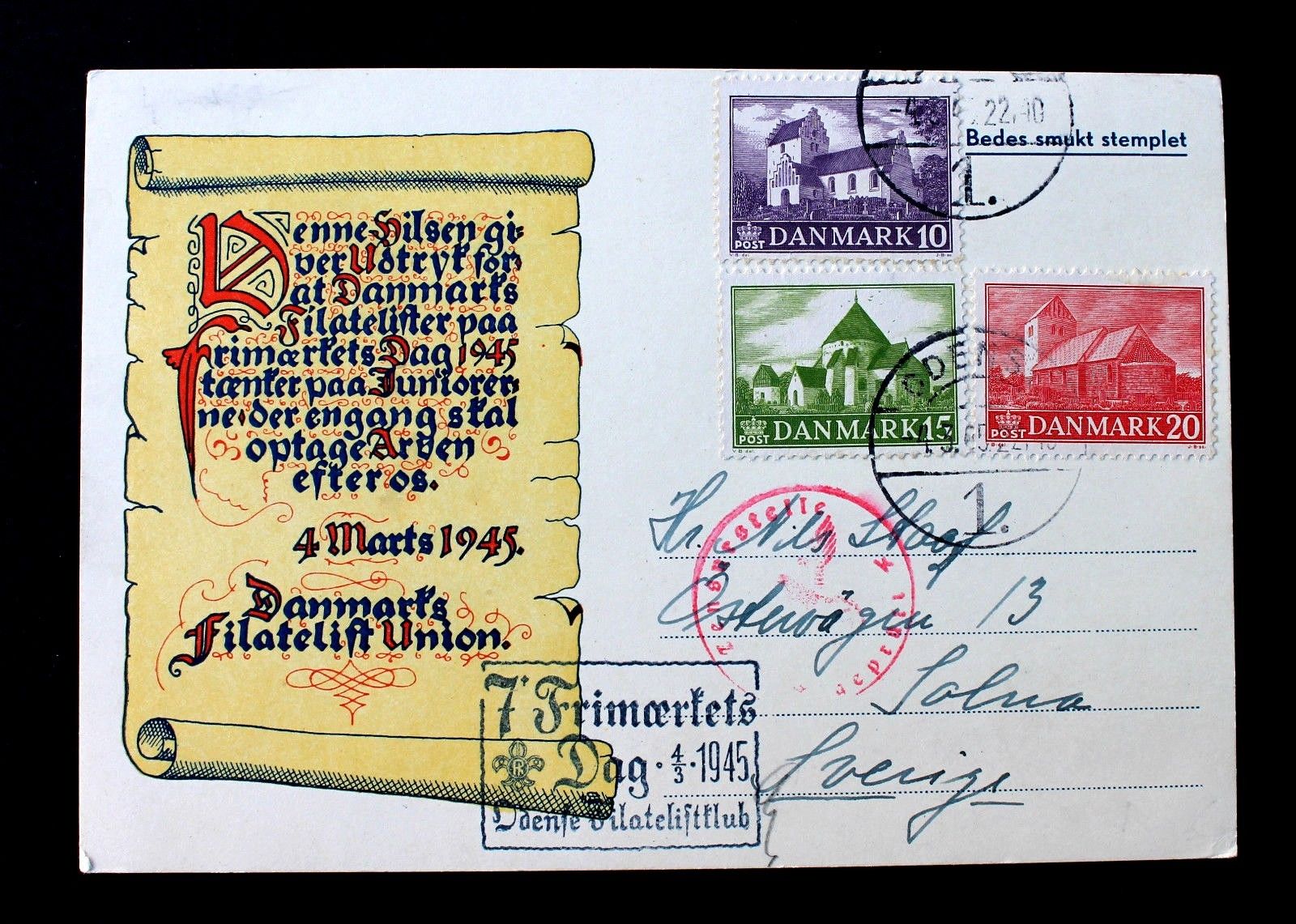 Denmark #290-92 Postal Card March 4,1945 Filatelift Union Just Before ...