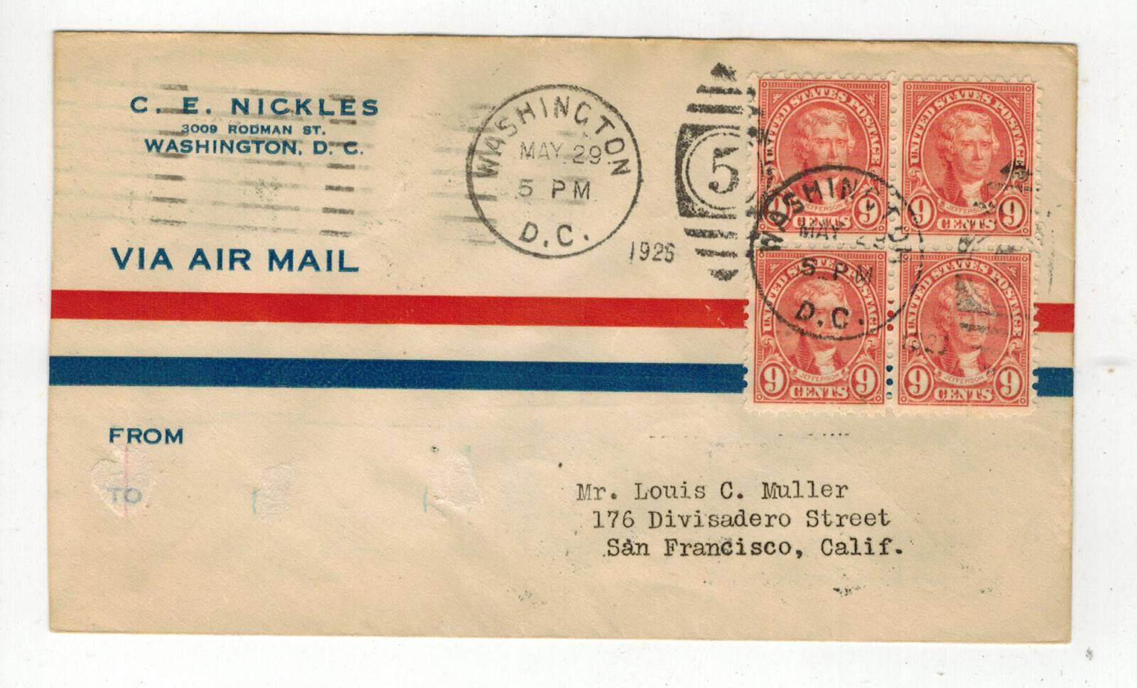 1925 Early USA FDC #590 Thomas Jefferson Block of 4 Airmail CE Nickles ...