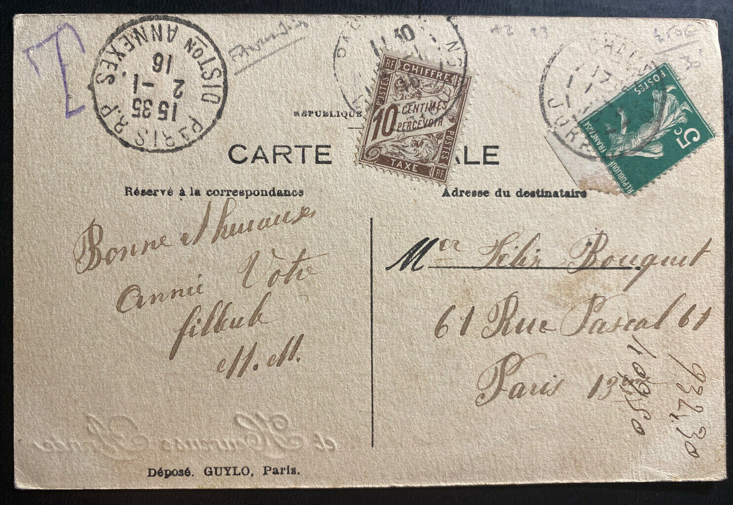 1916 France Aviation Postcard Postage Due Cover To Paris The Best ...