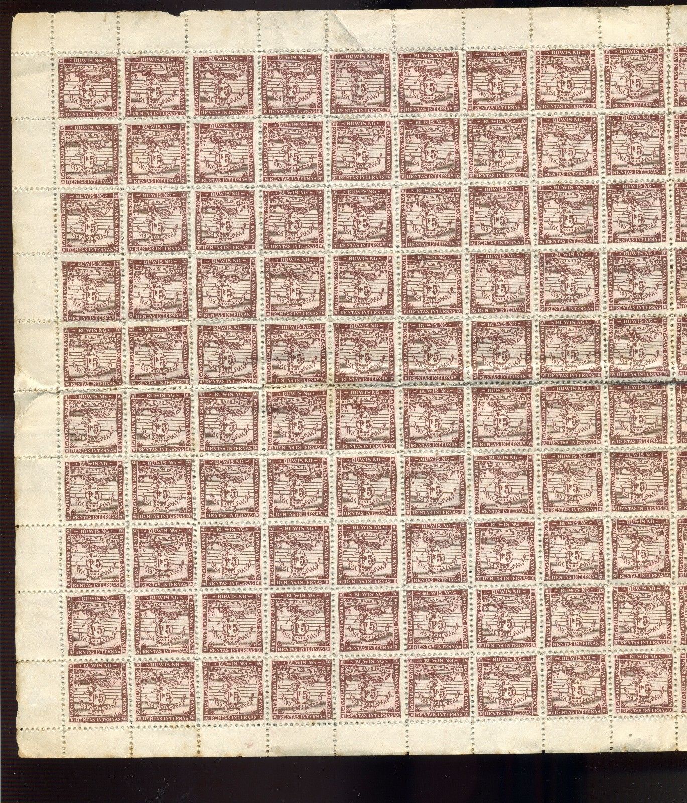 Philippines W-756 PHILIPPINE DOCUMENTARY REVENUE SHEET OF 100 STAMPS ON ...