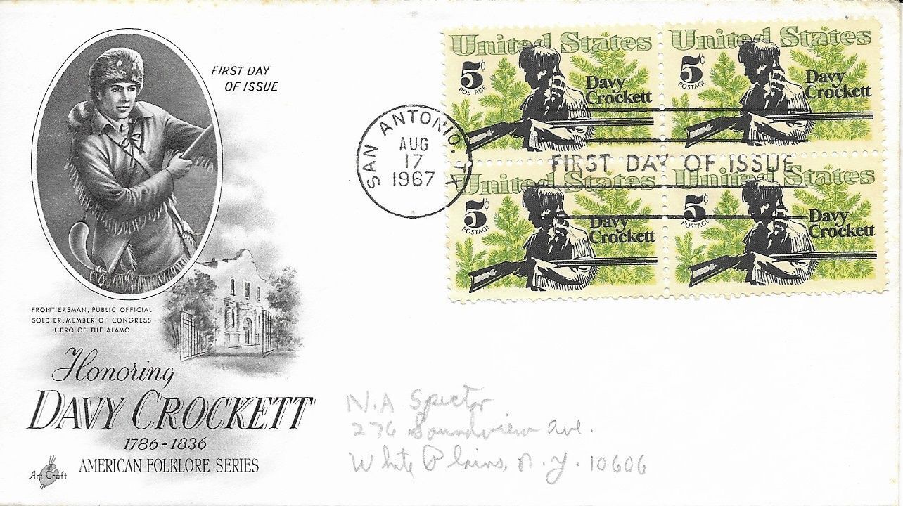 1967 FDC, #1330, 5c Davy Crockett, Art Craft, block of 4 | United ...