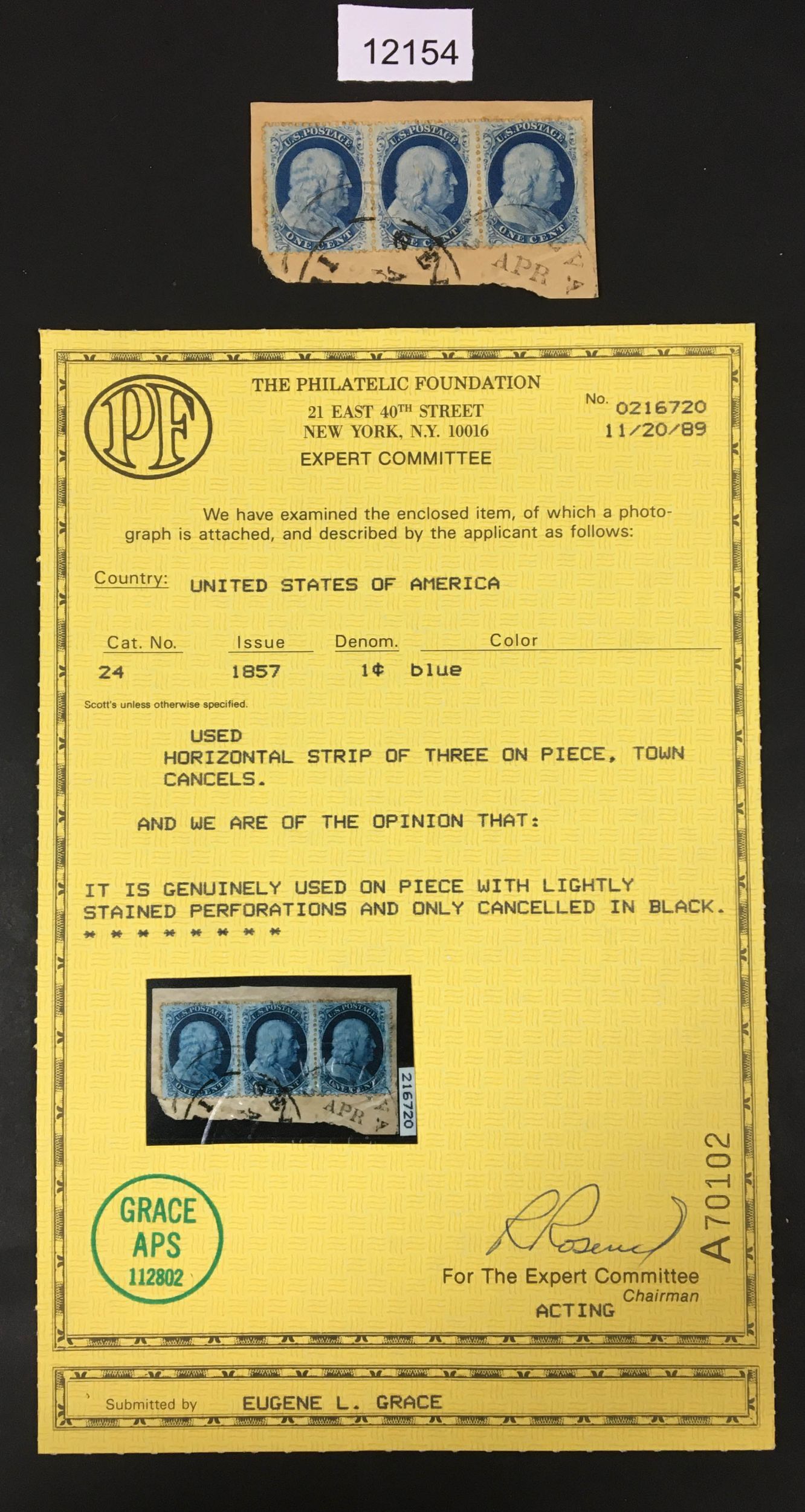 US Stamps # 24 Strip of 3 PF Cert Used LOT #12154 | United States ...