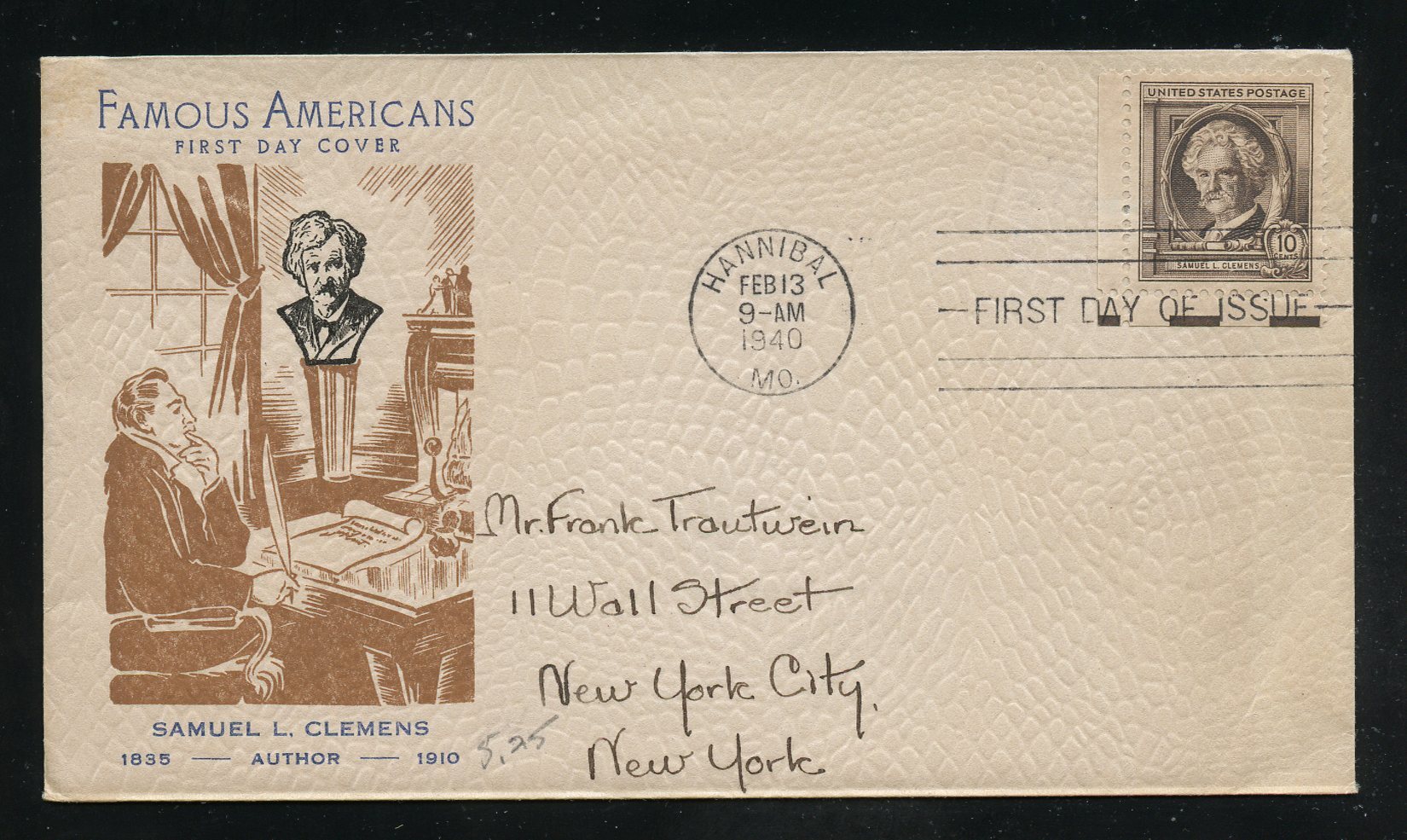 US 863 M=4 Samuel Clemens Famous American Fidelity cachet FDC ADDR ...