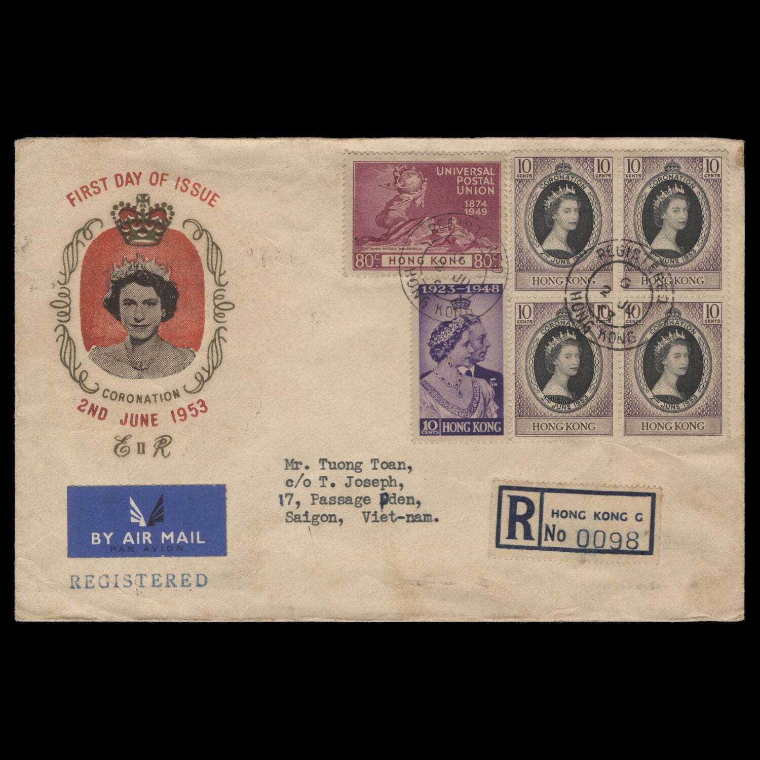Hong Kong 1953 (FDC) 10c Coronation block, REGISTERED | Asia - Hong ...