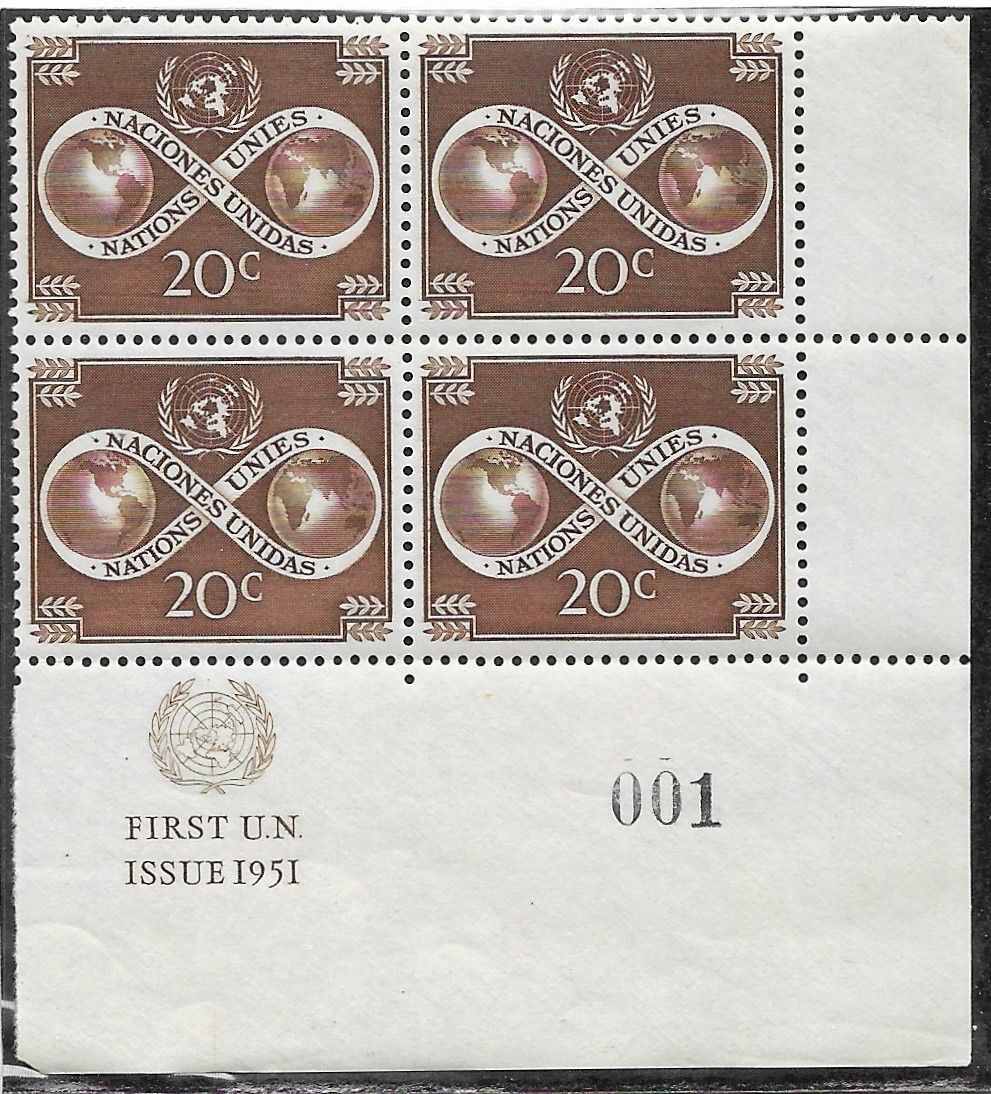 UN-NY # 8 First Printing (1951) M.I. Block/4- L.R. Control Number (1 ...
