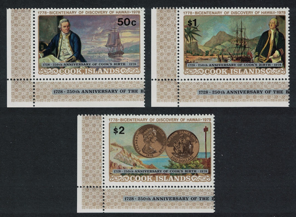 Cook Is. Captain James Cook 250th Birth Coins Ships 3v Corners 1978 MNH ...