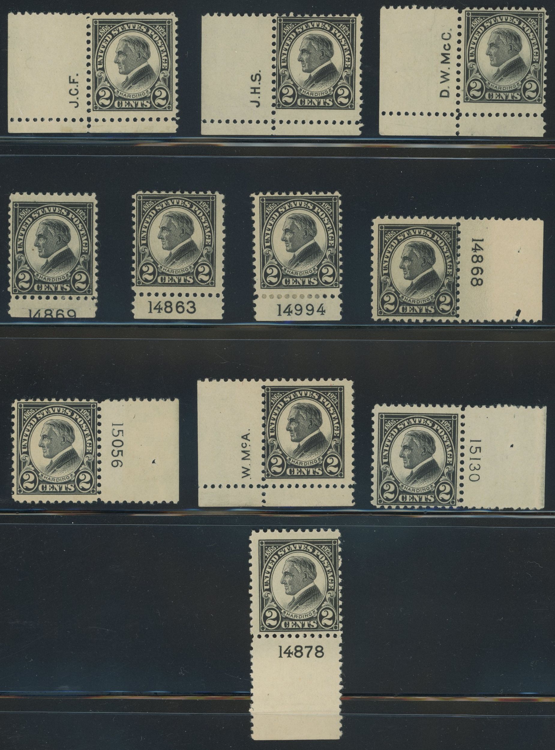 USA 610 - Harding Memorial - Group of 11 plate #/ inscription singles ...