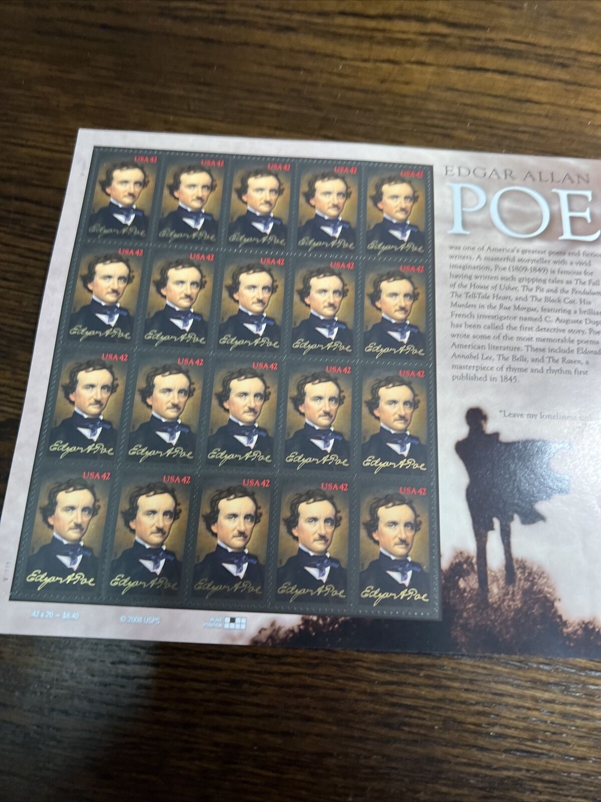 Scott #4377 Edgar Allen Poe (Raven) Dark Sheet of 20 Stamps -MNH-2009 ...