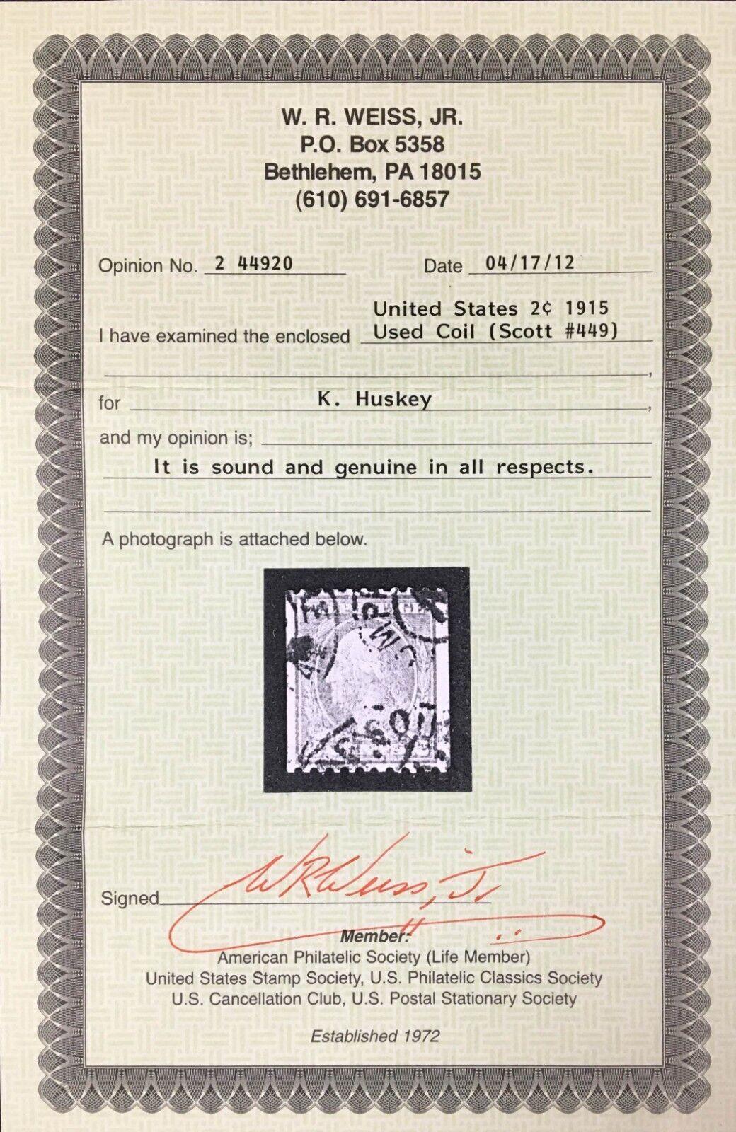 US Stamps #449 Used VF Weiss Cert LOT #93226 | United States, General ...