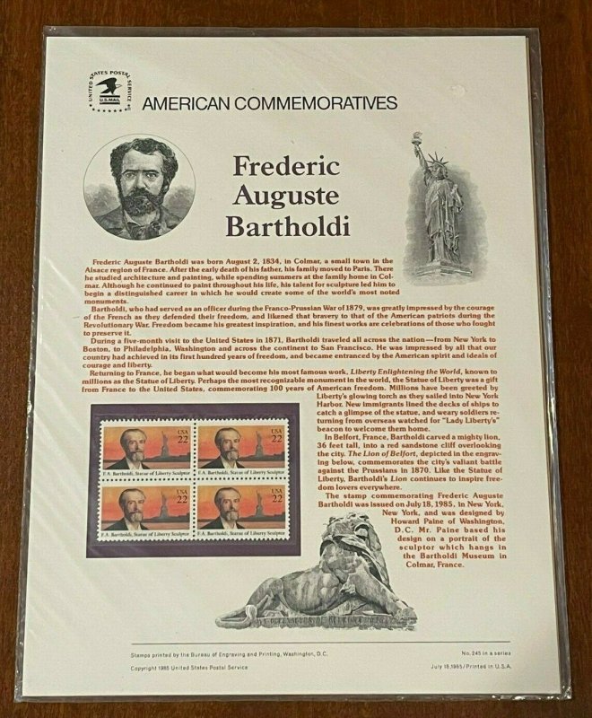 Usps Commemorative Panel #245 Frederic Bartholdi #2147 | United States ...