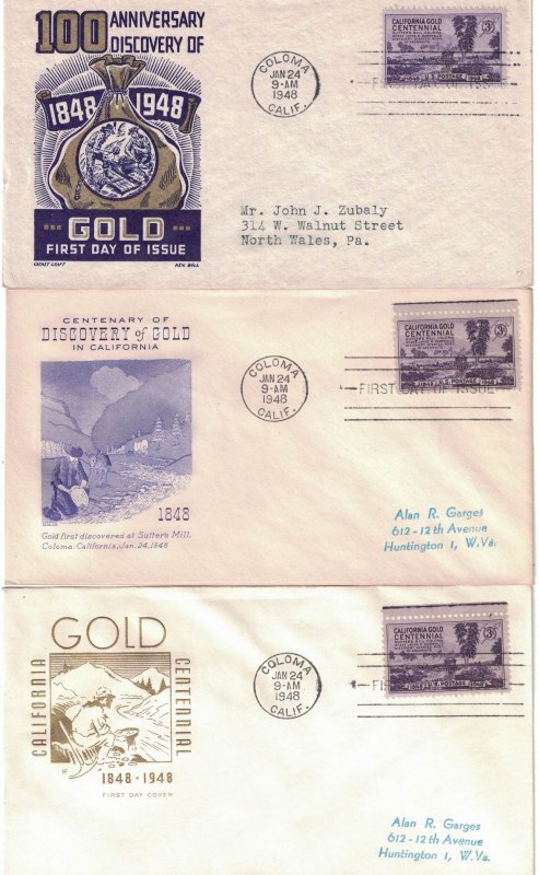 1948 FDC, #954, 3c California Gold Centennial, 3 diff. cachets | United ...