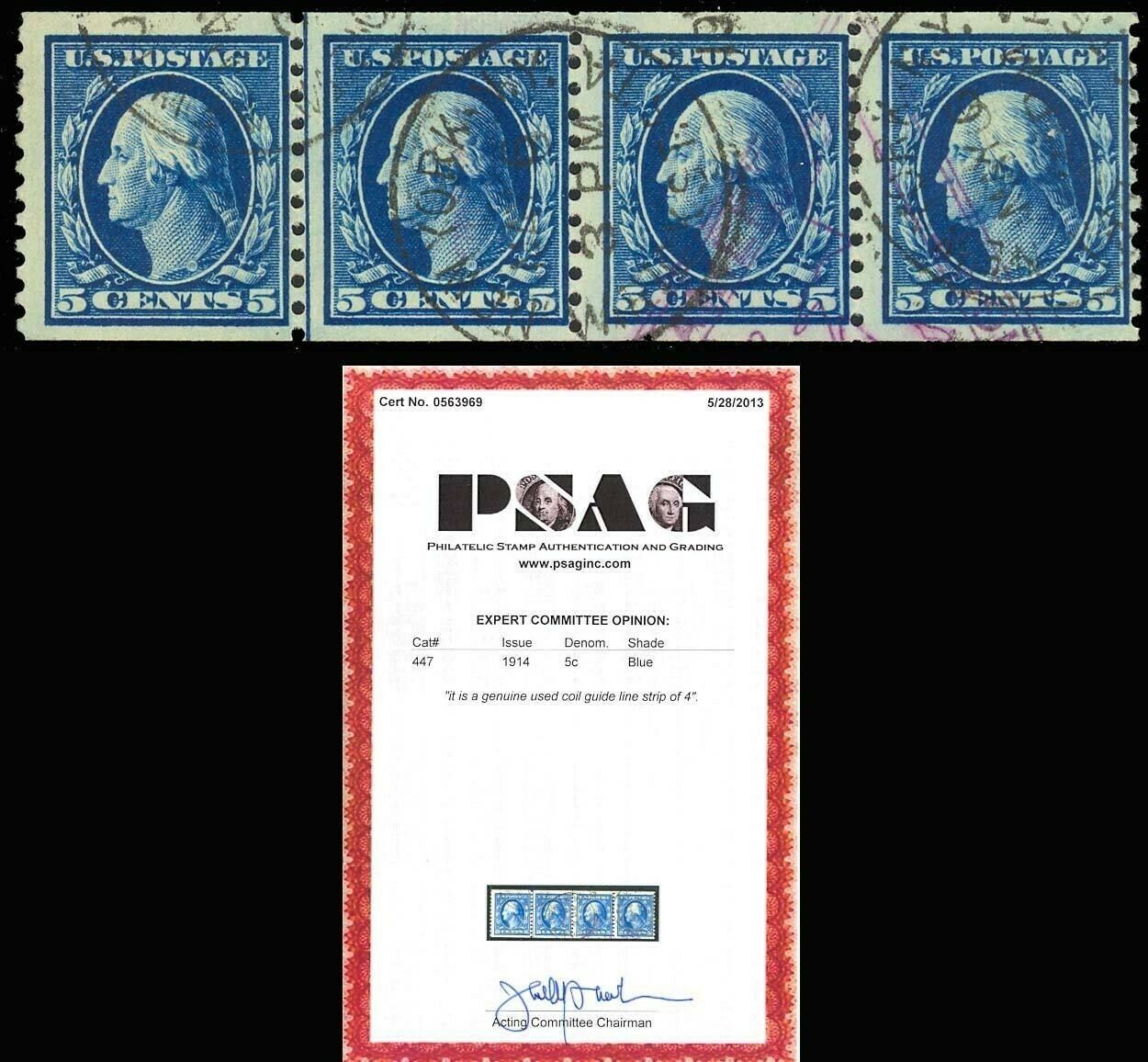 447, Used 5c coil line strip of four. - PSAG Cert - Very Rare! Cat ...
