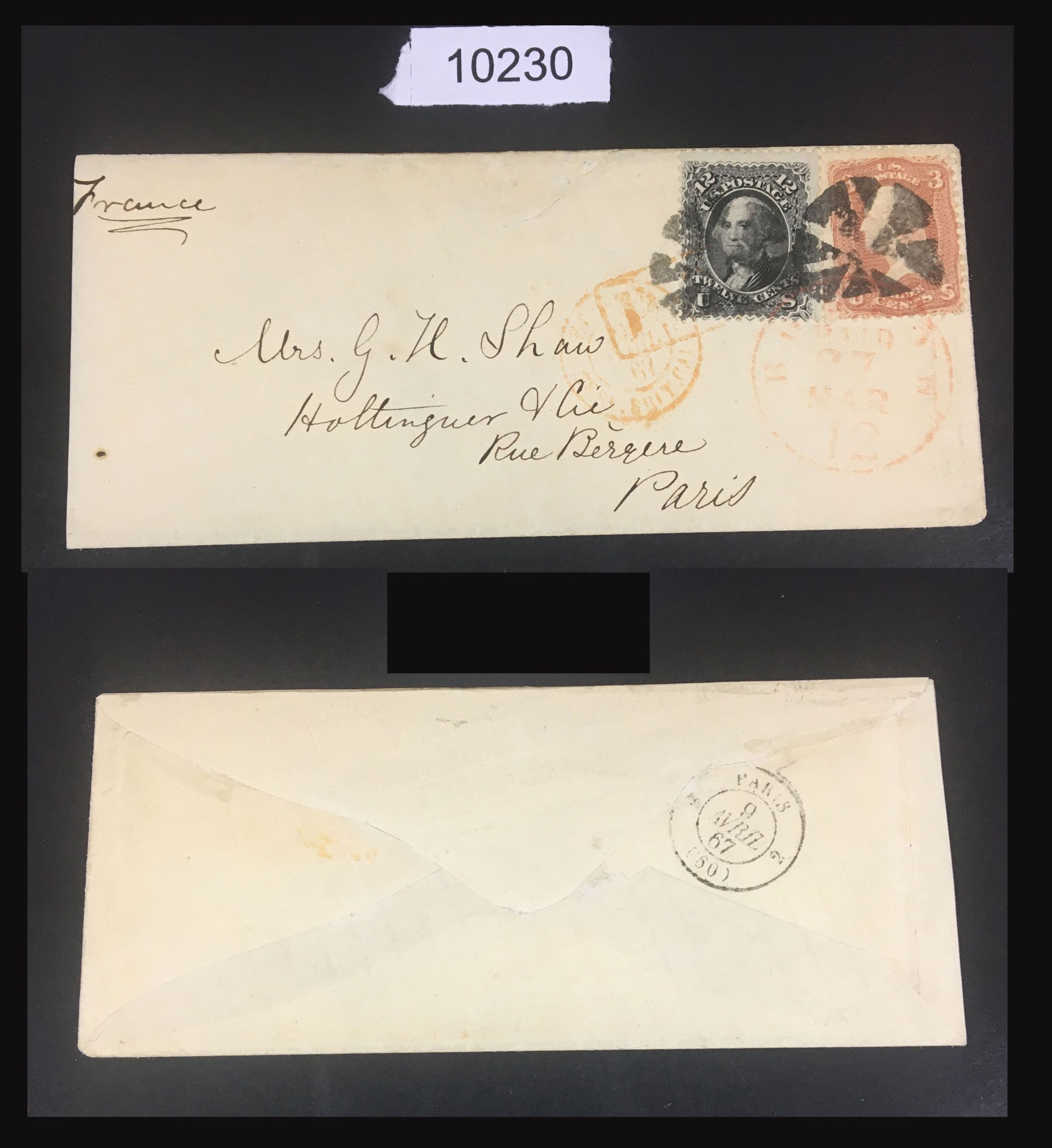 US Stamps # 65, 69 Used on 1867 Cover to France CV $160 LOT #10230 ...