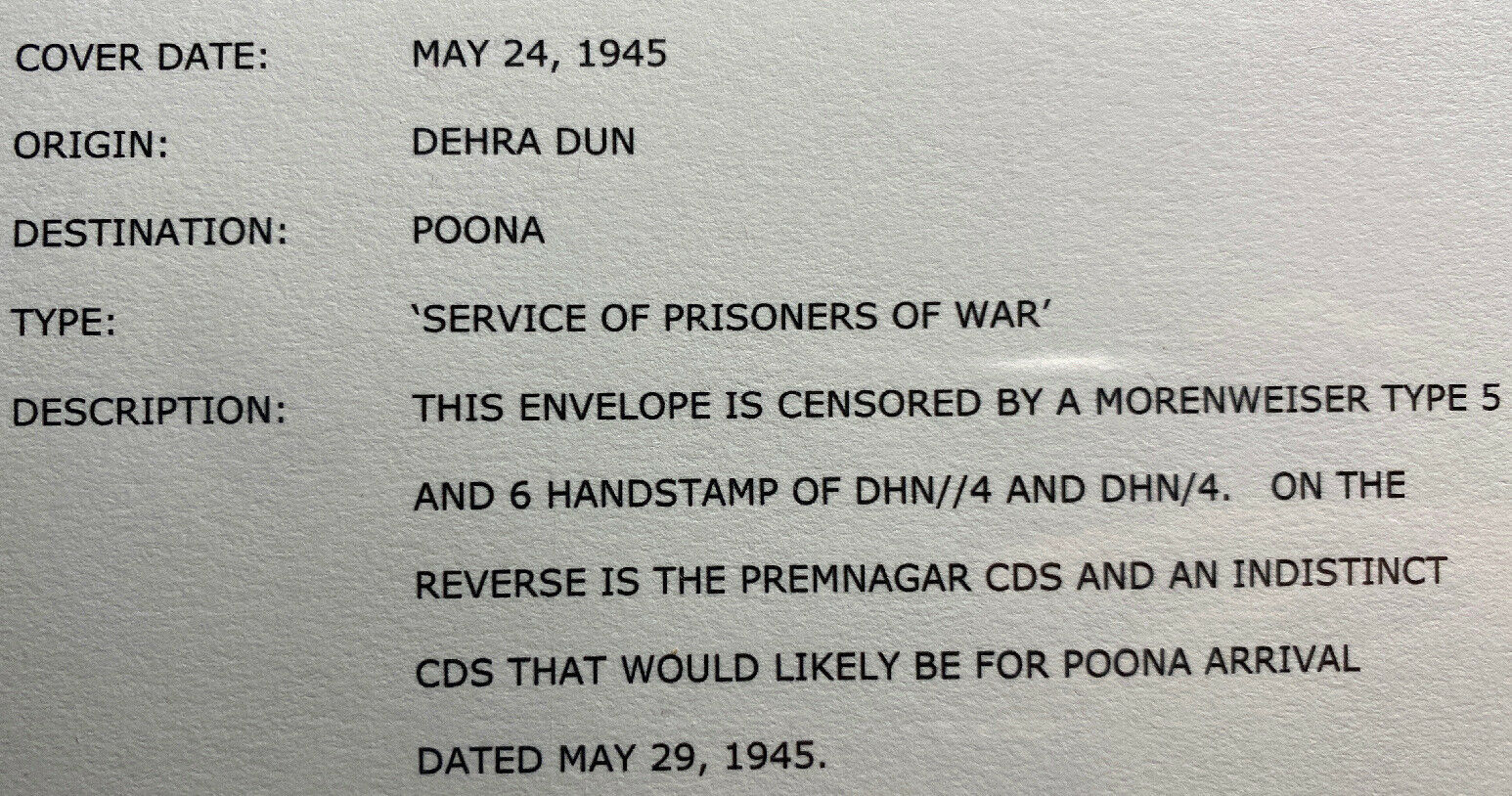 1945 Dehra Dun India POW Internment Camp Censored Cover To Poona J ...