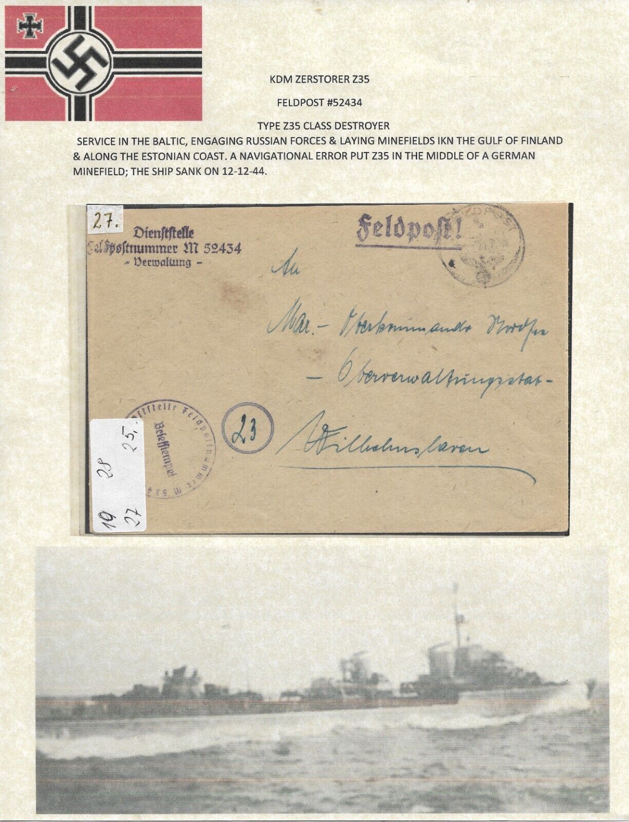 WW2: German Naval Feldpost M-52434 KDM Zerstorer Z35 7/21/44 (54633 ...