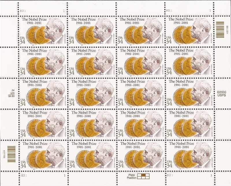 US Stamp 2001 Nobel Prize Centenary 20 Stamp Sheet #3504 | United ...