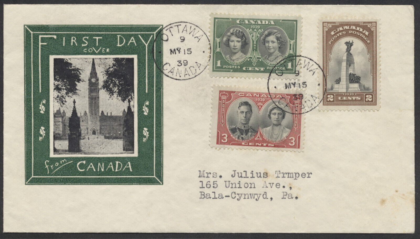 1939 #246-248 Royal Visit FDC Unusual General Purpose Cachet Ottawa ...