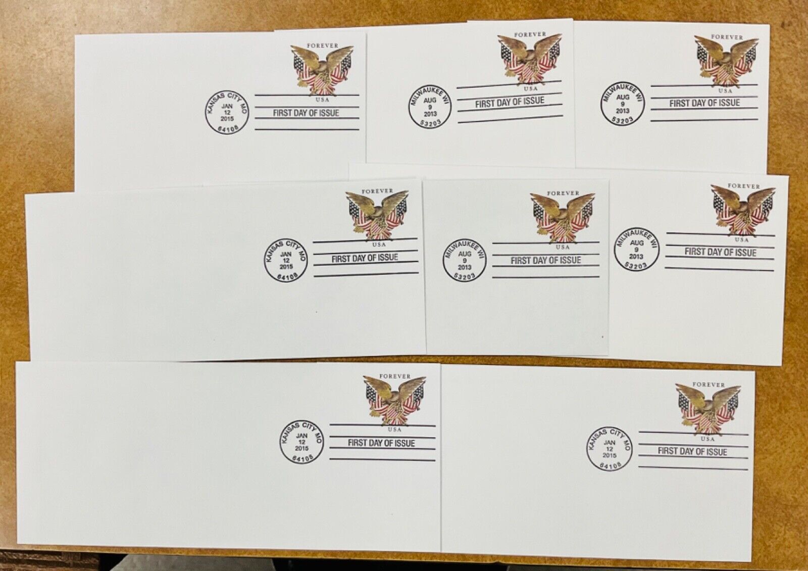 US SC # U682 Eagle, Shield And Flag 8 Envelopes FDC 2013-15 paint a ...