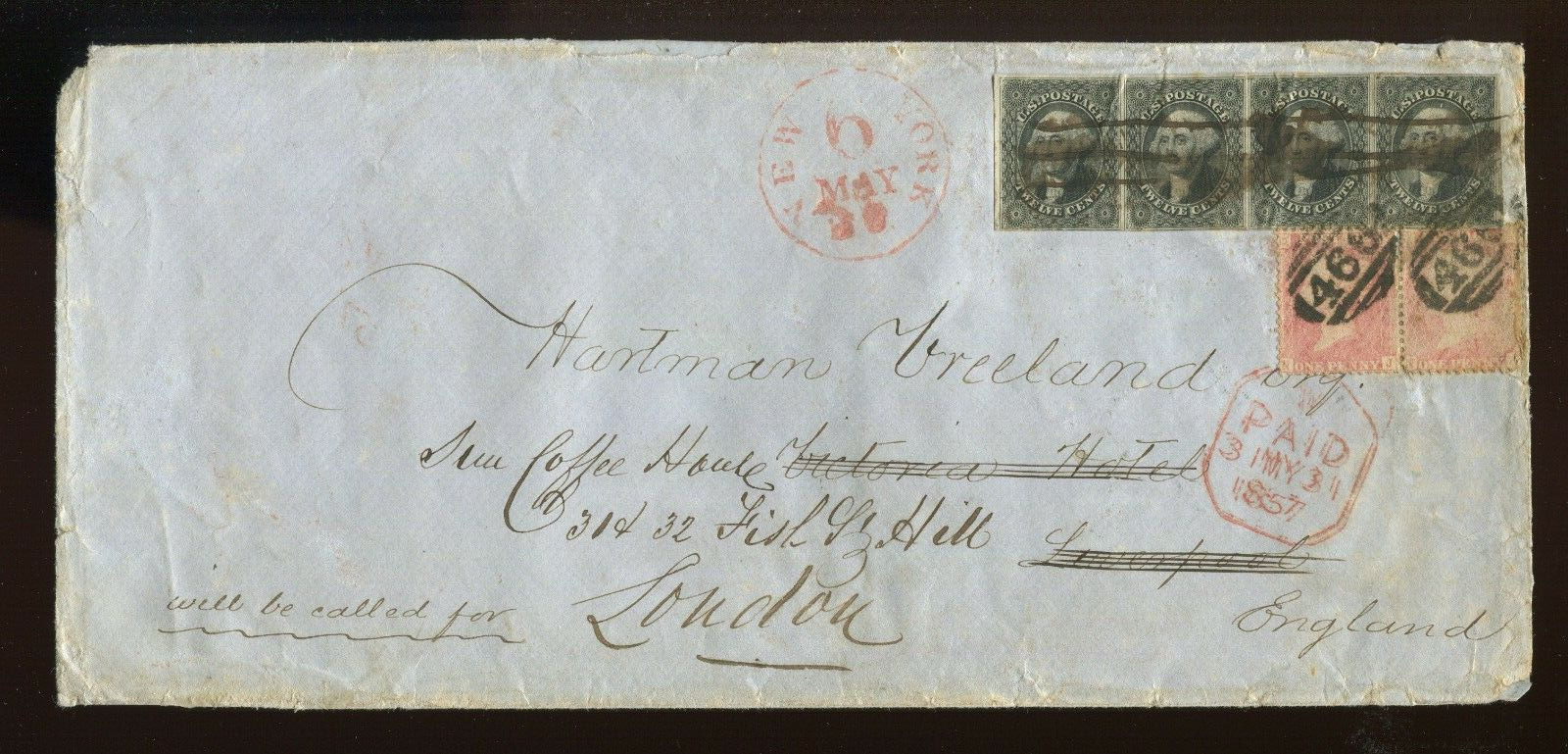 17 Imperf Strip of 4 & England 2d Dual Stamp Usage on 1857 Forwarded ...