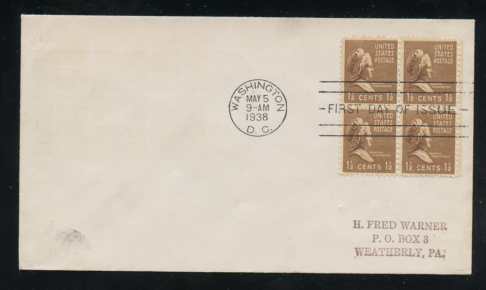 US 805 Presidential Series, Martha Washington Blk ADDR No cachet FDC ...