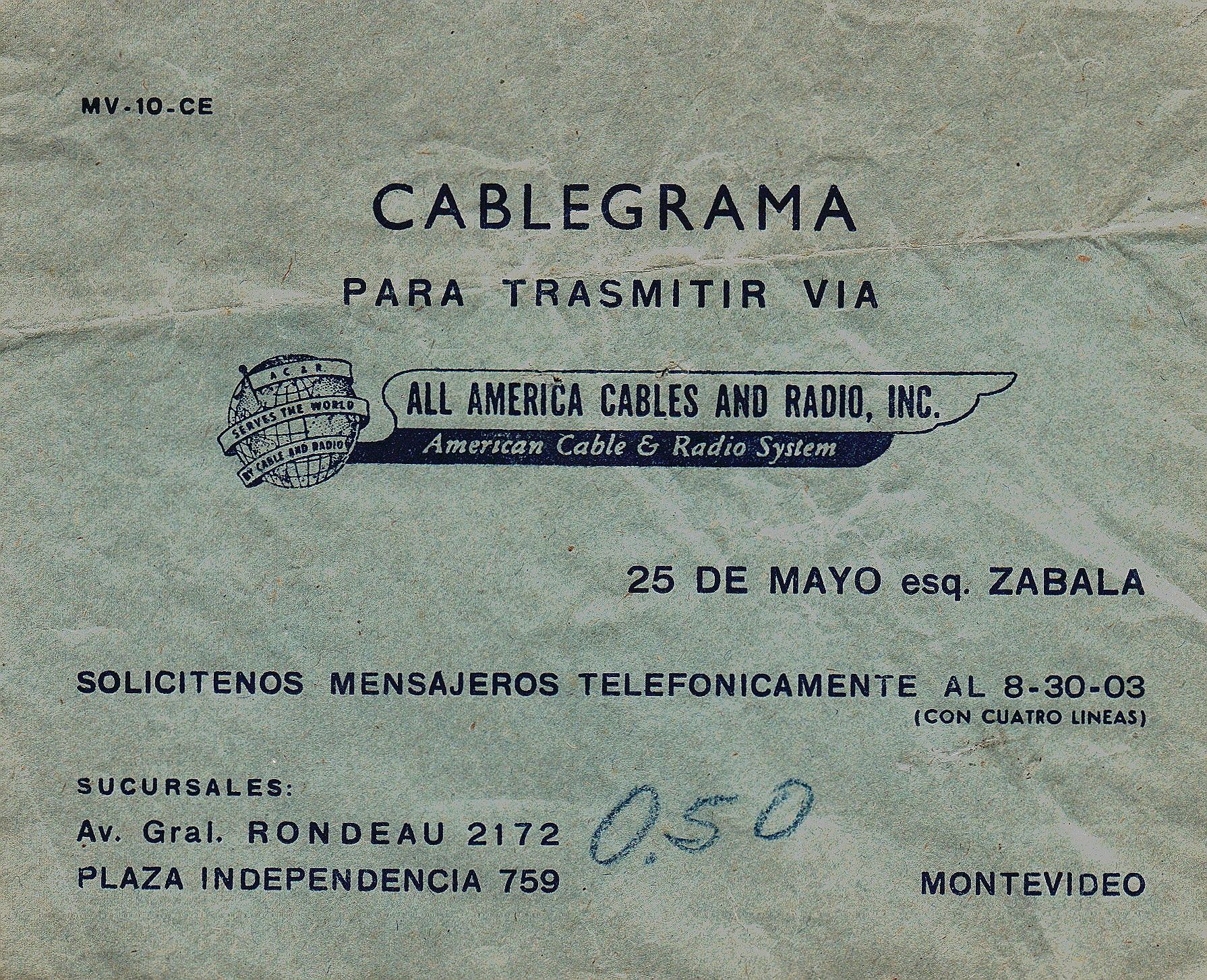 Uruguay Cablegram Envelope All America Cables and Radio Montevideo ...