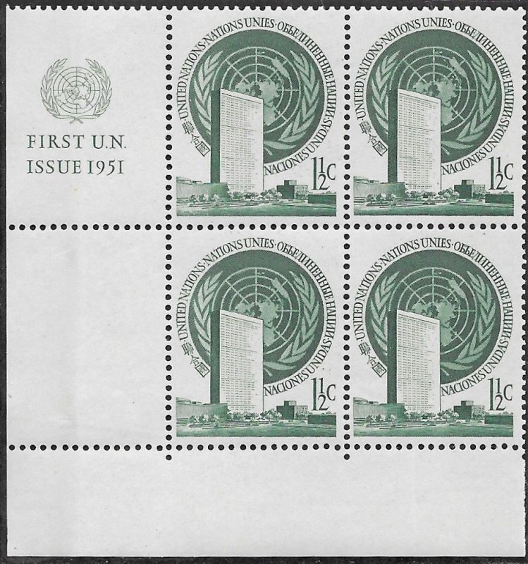 UN-NY # 2 First Printing (1951) M.I. Block of 4 - L.L. (1) Mint NH ...