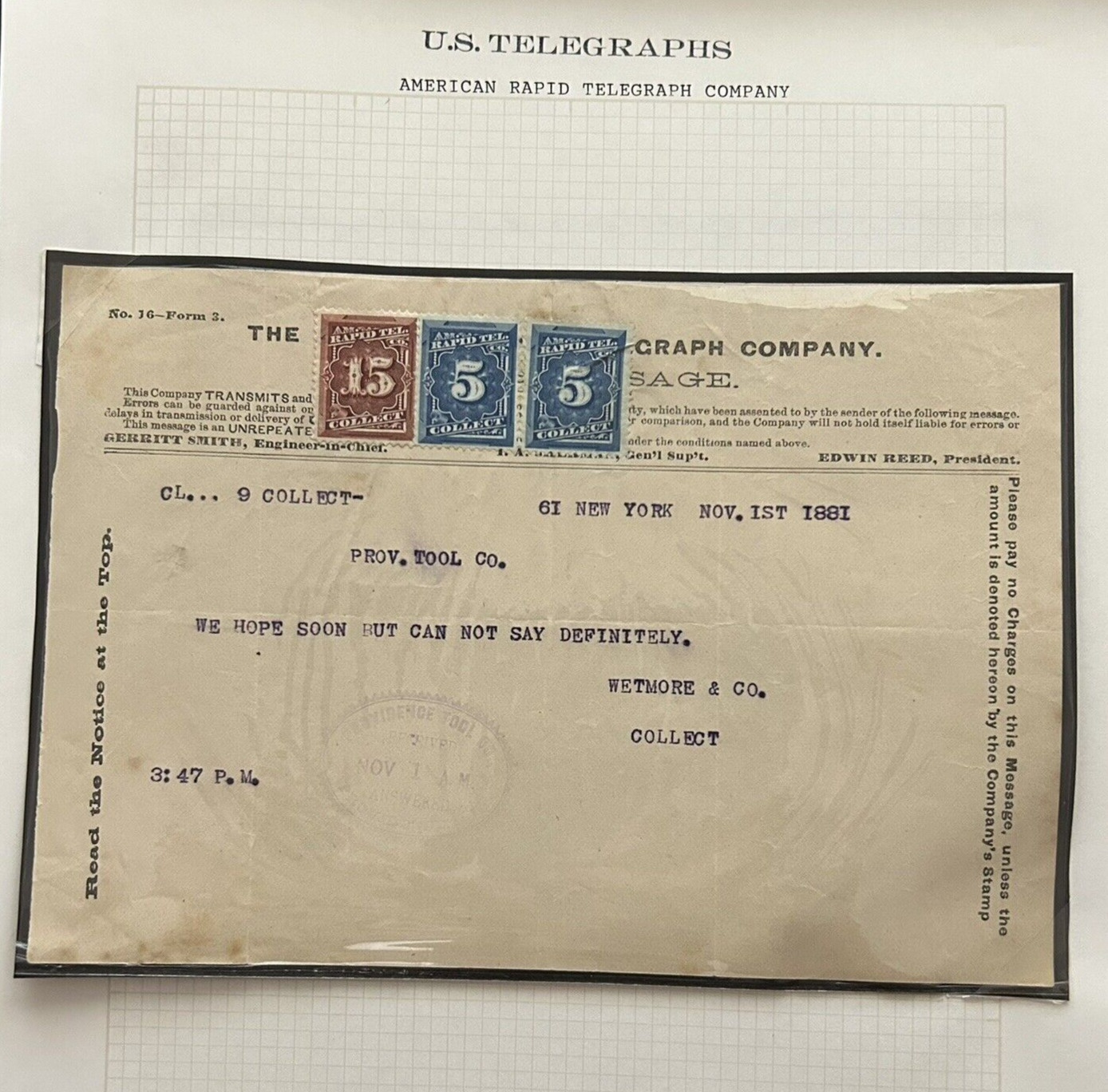 1T10-1T11 Affixed to 5 American Rapid Telegraph Co. Collect Telegrams ...