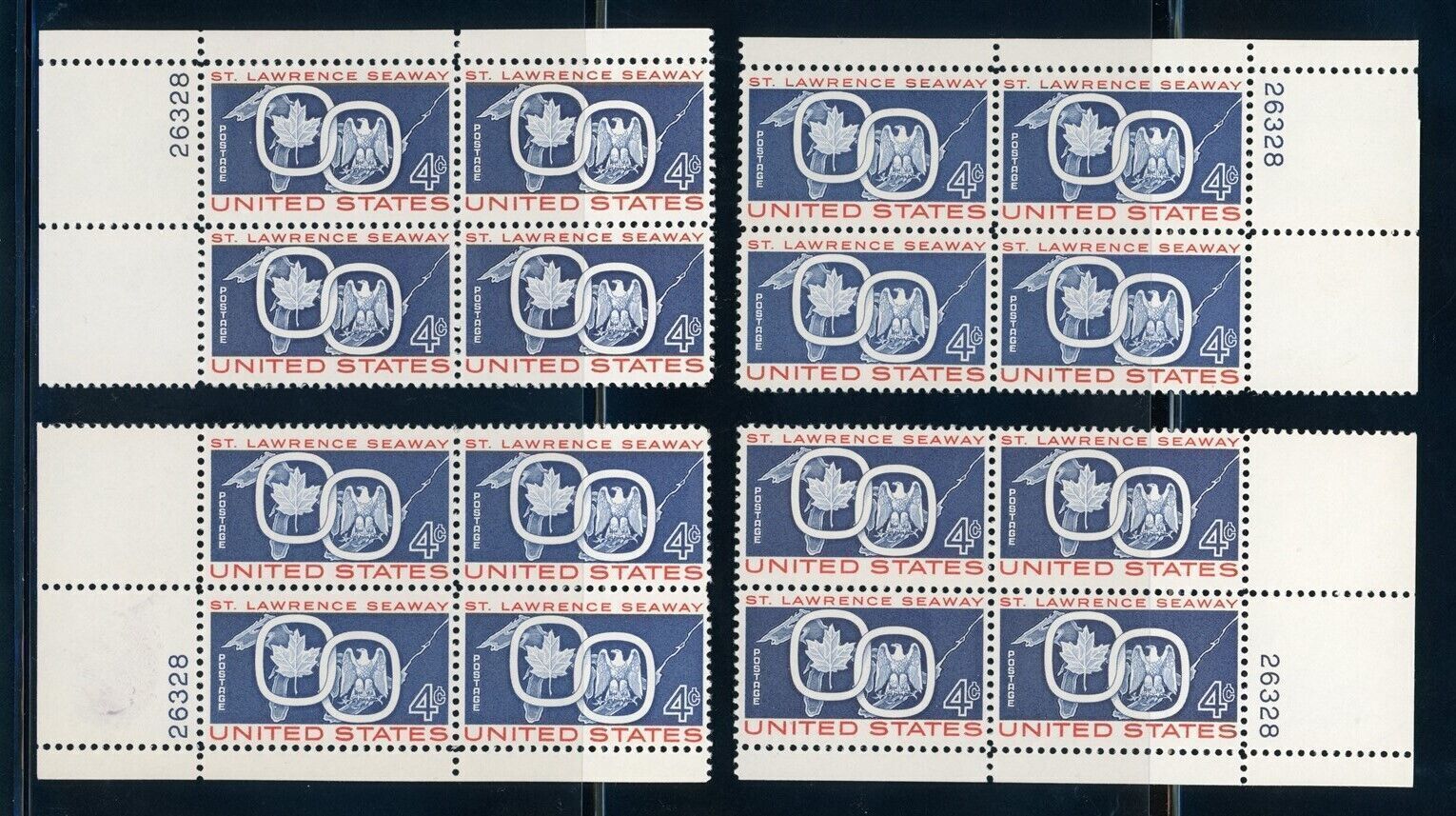 US Stamp #1131 Saint Lawrence Seaway 4c - 4 Corner Plate Blocks #26328 ...