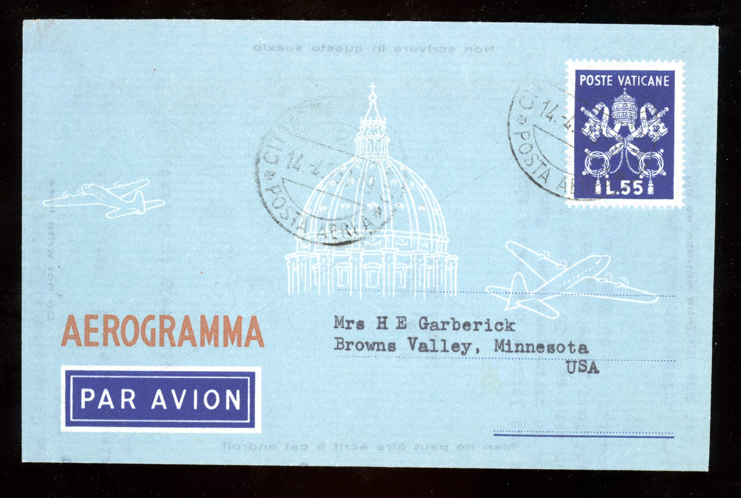 1950 Vatican Aerogramme H&G #FG-3 Used Rome to Browns Valley, Minn ...
