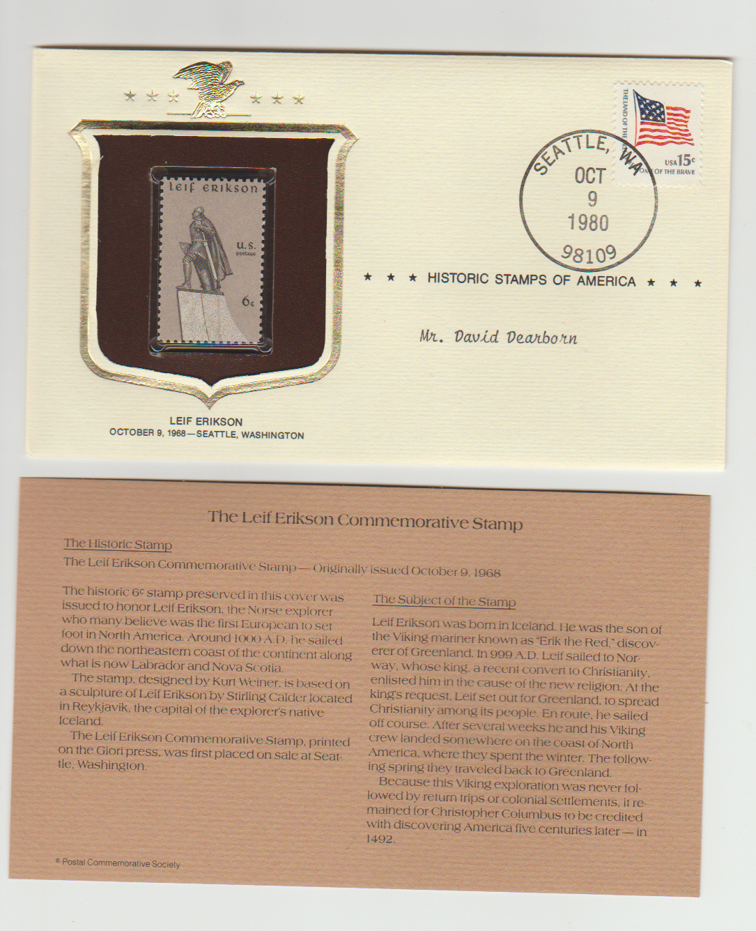 1359 Leif Erikson w/ Historic Stamps of America Commemorative Cover ...
