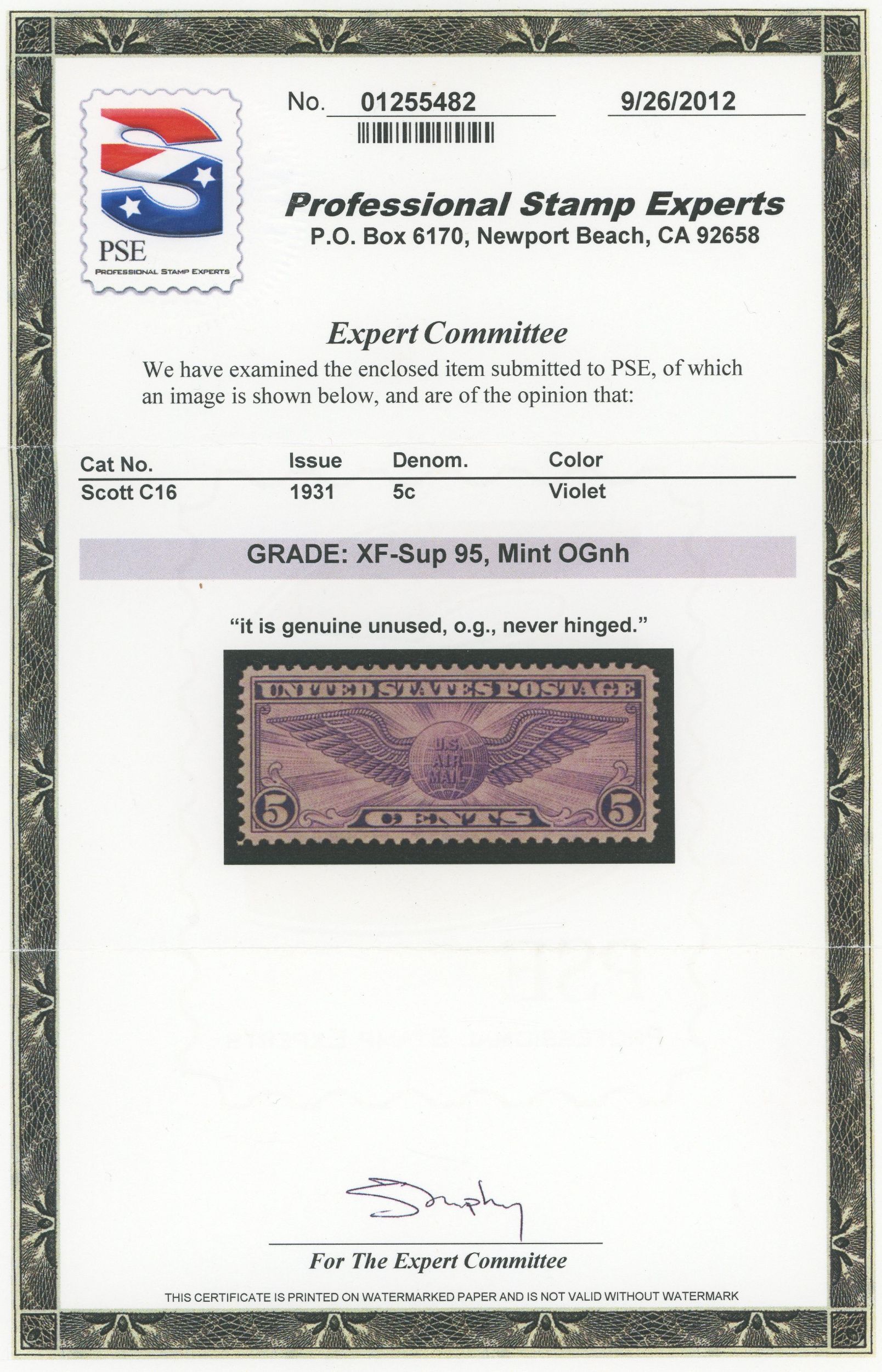 USA C16 - 5 cent Winged Globe Airmail - PSE Graded Cert: XF-Sup 95 Mint ...