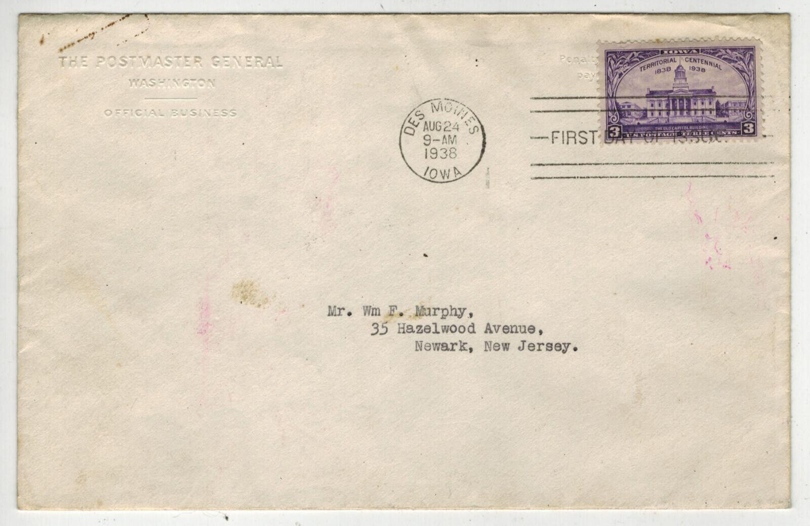 1938 Embossed PMG ENV Signed James Farley Letter 838 Iowa Territory Des ...